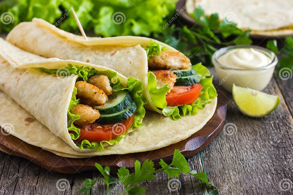 Tortilla Wrap with Chicken and Vegetables Stock Photo - Image of dinner ...