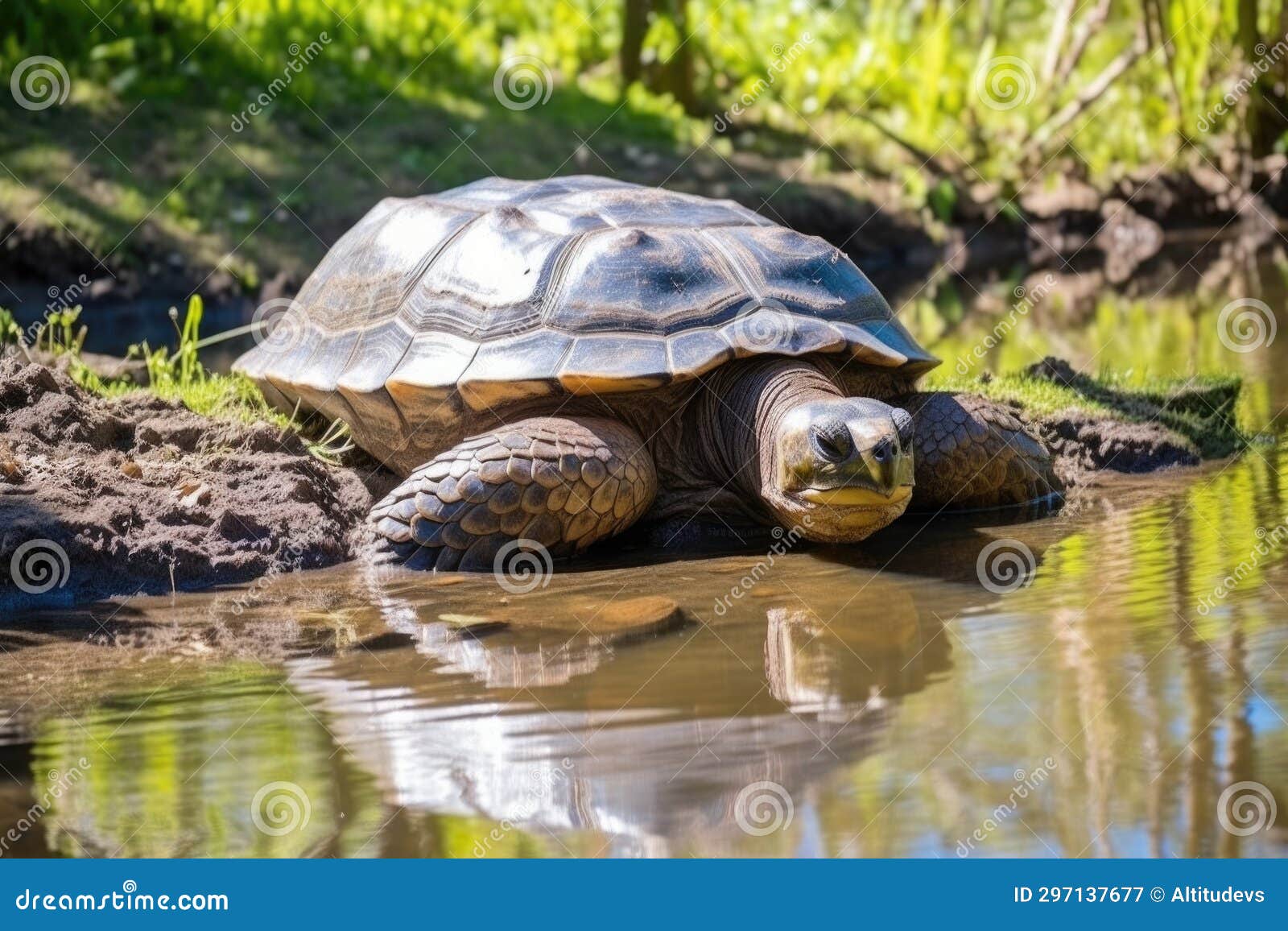 A Tortoise Basking in the Sun by a Pond Stock Image - Image of sunshine ...
