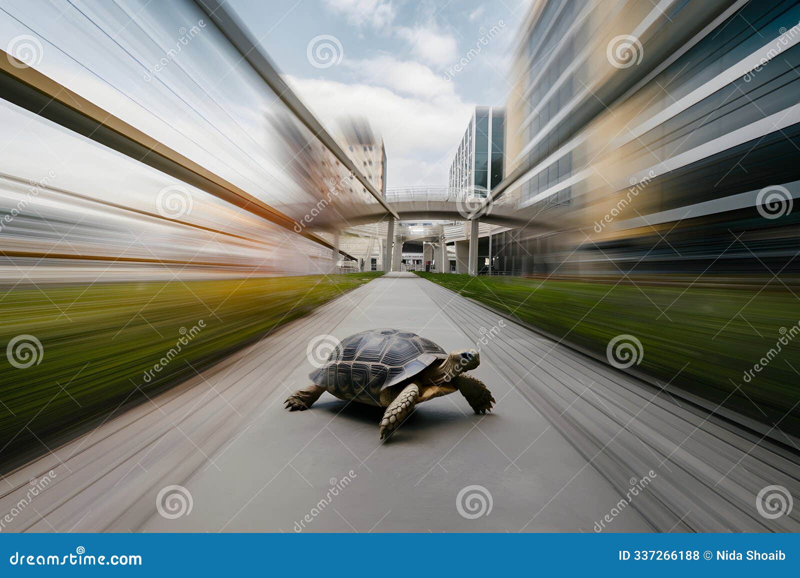 Tortoise in Motion on Pathway, Blurred Urban Environment, Emphasizes ...