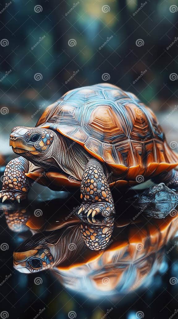 Tortoise with Patterned Shell by Water, Artistic Reflection. Nature and ...