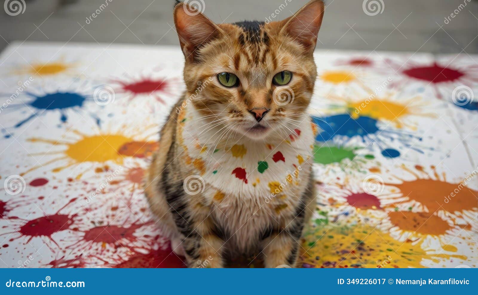 Tortoiseshell Cat on Vibrant Surface Resembling Paint Spills Stock ...