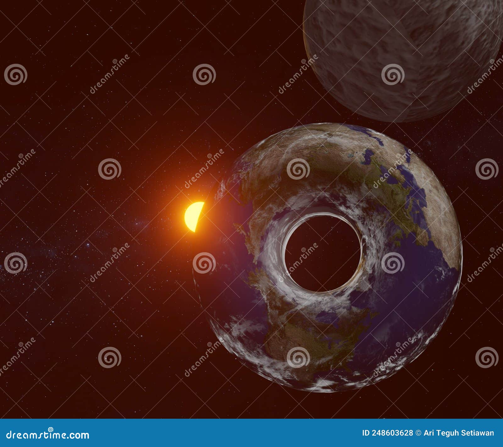 Torus or Donut Shape Earth, the Sun and the Moon in the Galaxy Stock ...