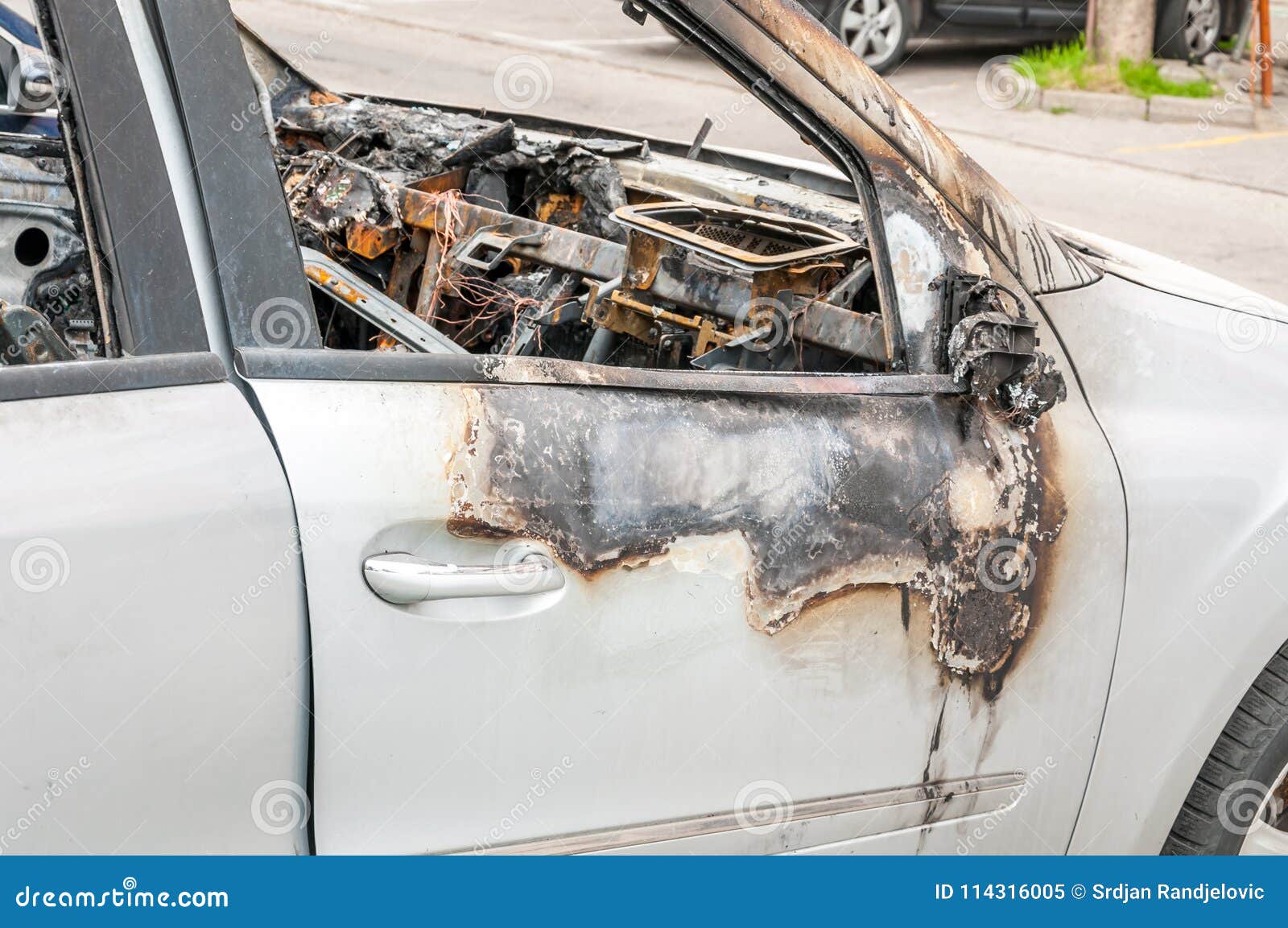 Total Damage on New Expensive Burned Car in Fire on the Parking Lot ...
