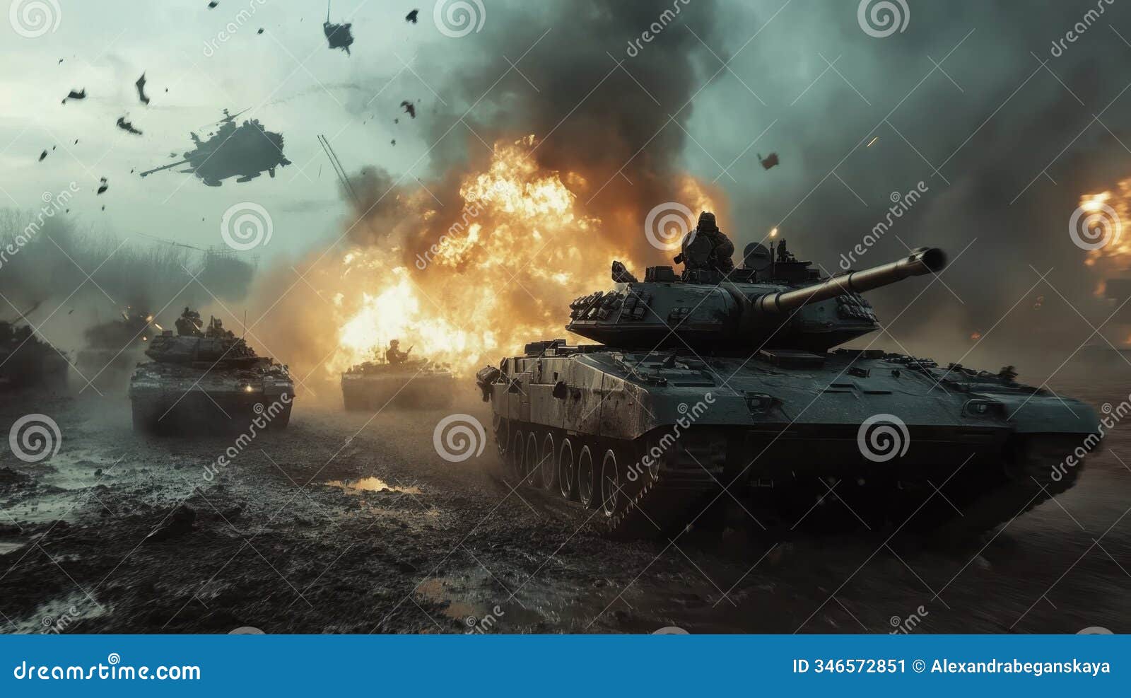 Total Defense Day Intense Battlefield Scene with Tanks and Explosions ...