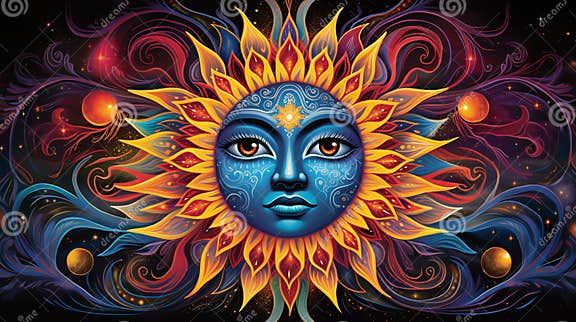 Total Solar Eclipse with Aztec Sun Goddess Design Stock Illustration ...