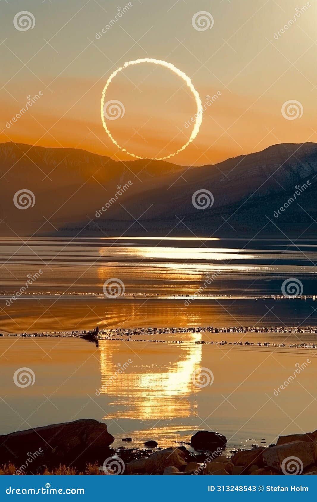 Total Solar Eclipse Event Over a Lake with Reflection. Stock ...