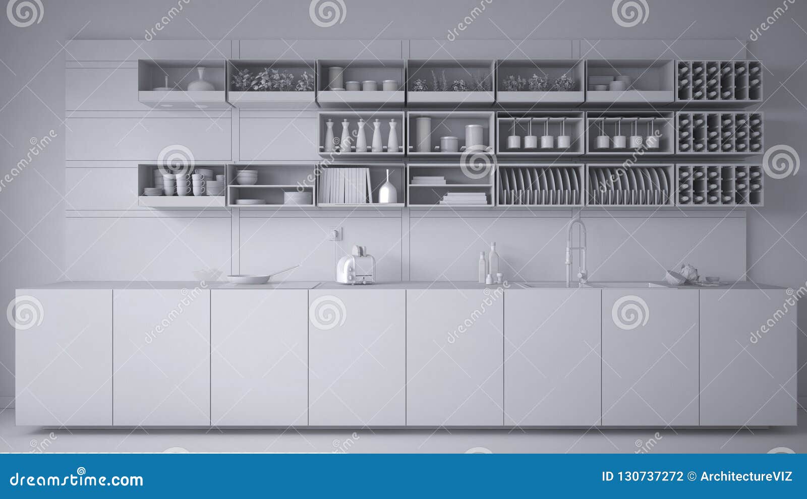 Total White Project of Minimalistic Kitchen Close-up, Modern ...