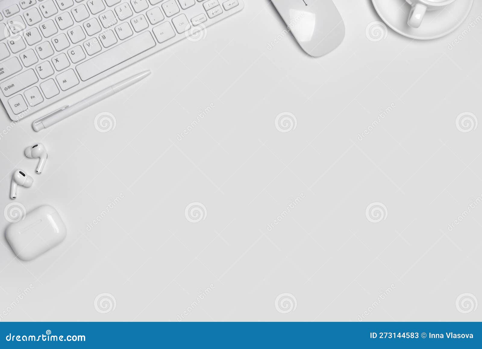 Total White Workplace Table on White Background with Copy Space. Stock ...