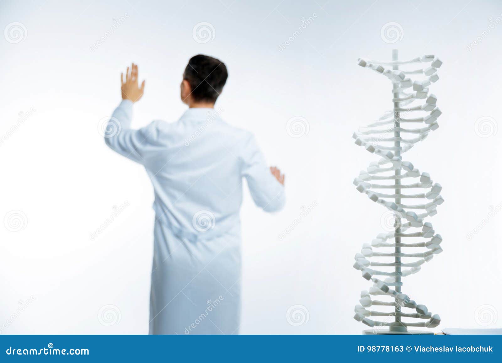 Totally Absorbed in Studying Scientists Touching Invisible Screen Stock ...