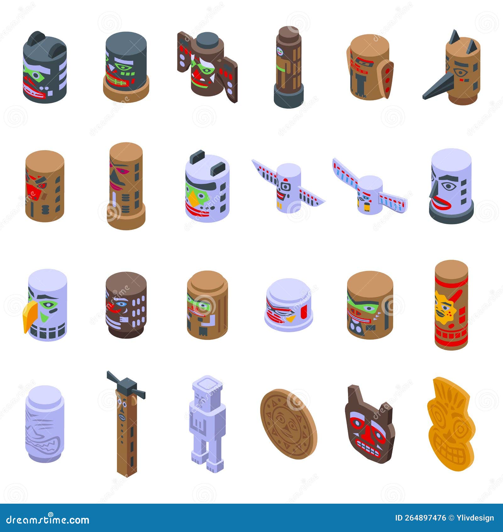 Totem Icons Set Isometric Vector. Stone Aztec Stock Vector ...