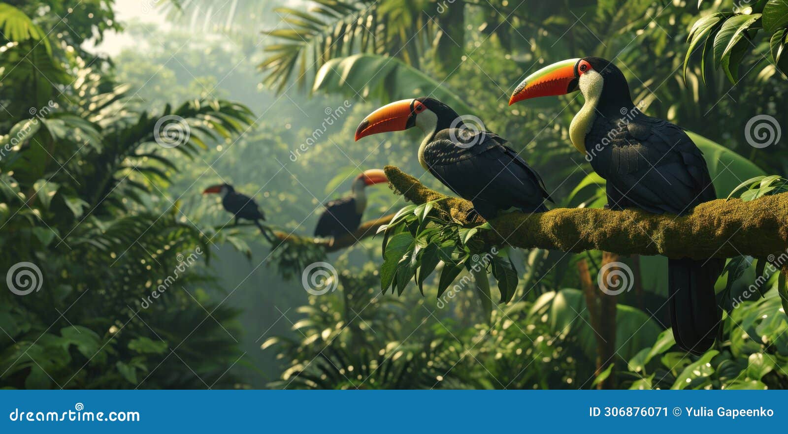 Toucans flying in jungle stock image. Image of rainforest - 306876071