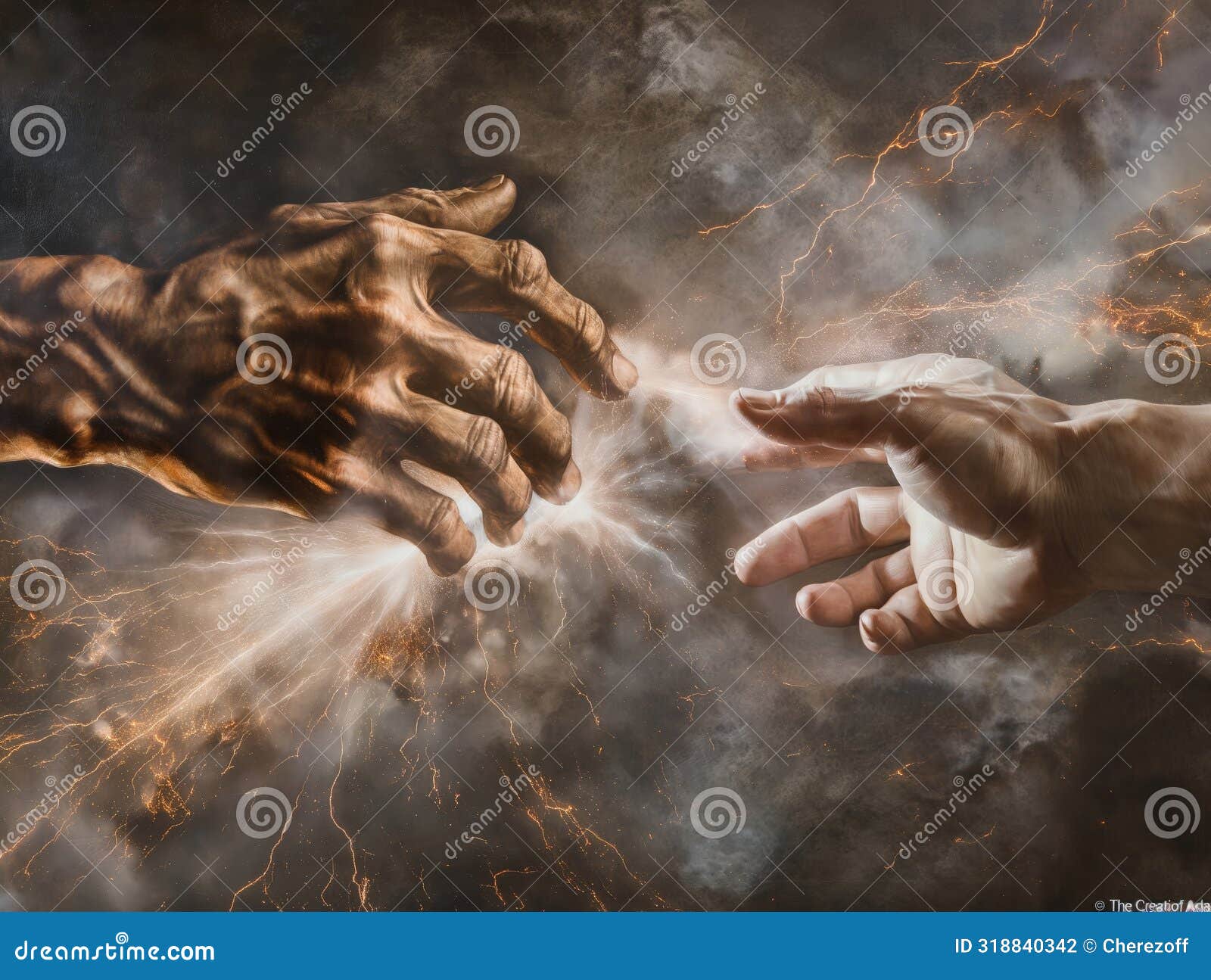 Touch of Creation: Hands Reaching through Light Stock Photo - Image of ...