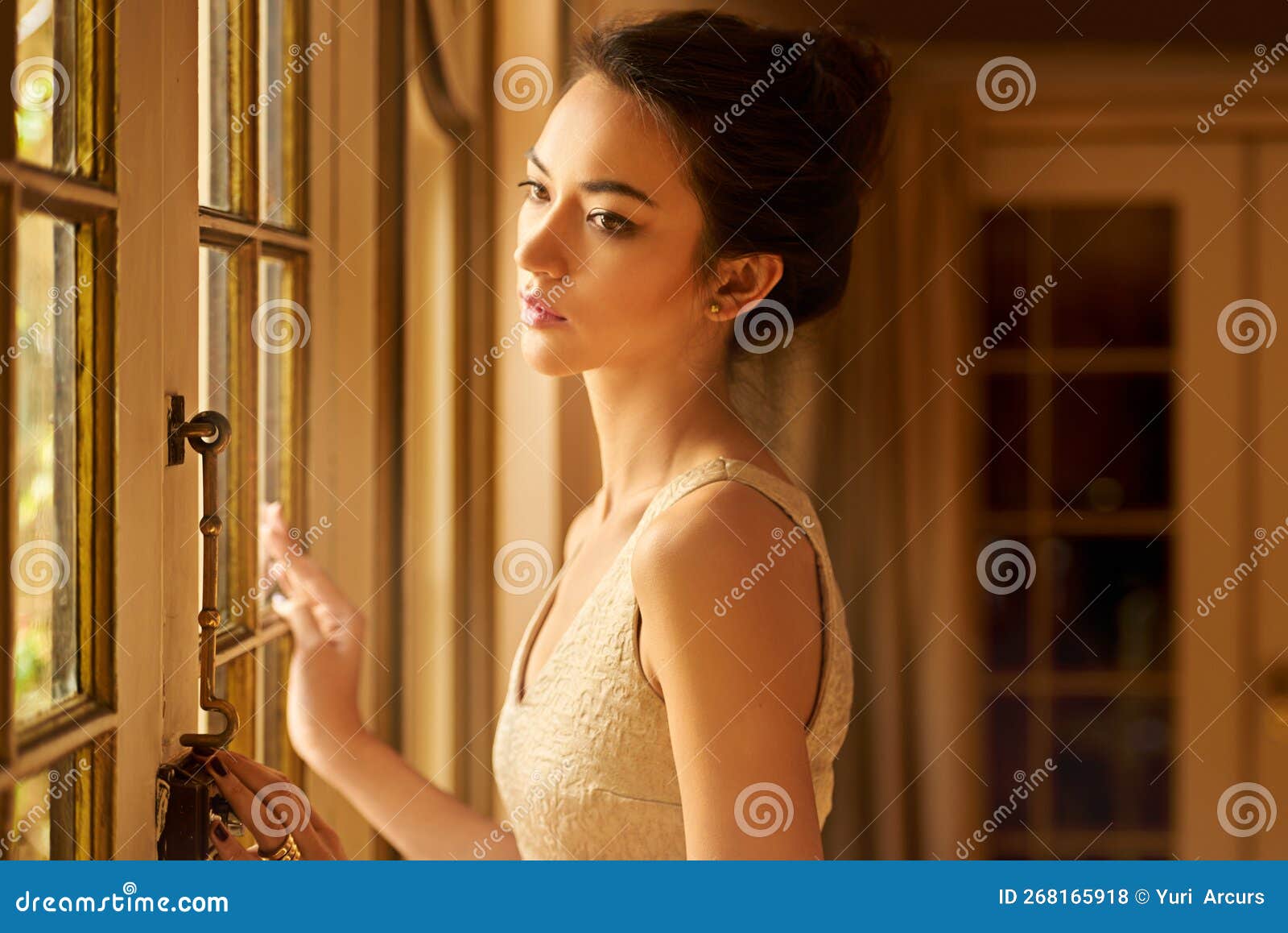 Touch of Elegance. a Beautiful and Elegant Young Woman Standing by a ...