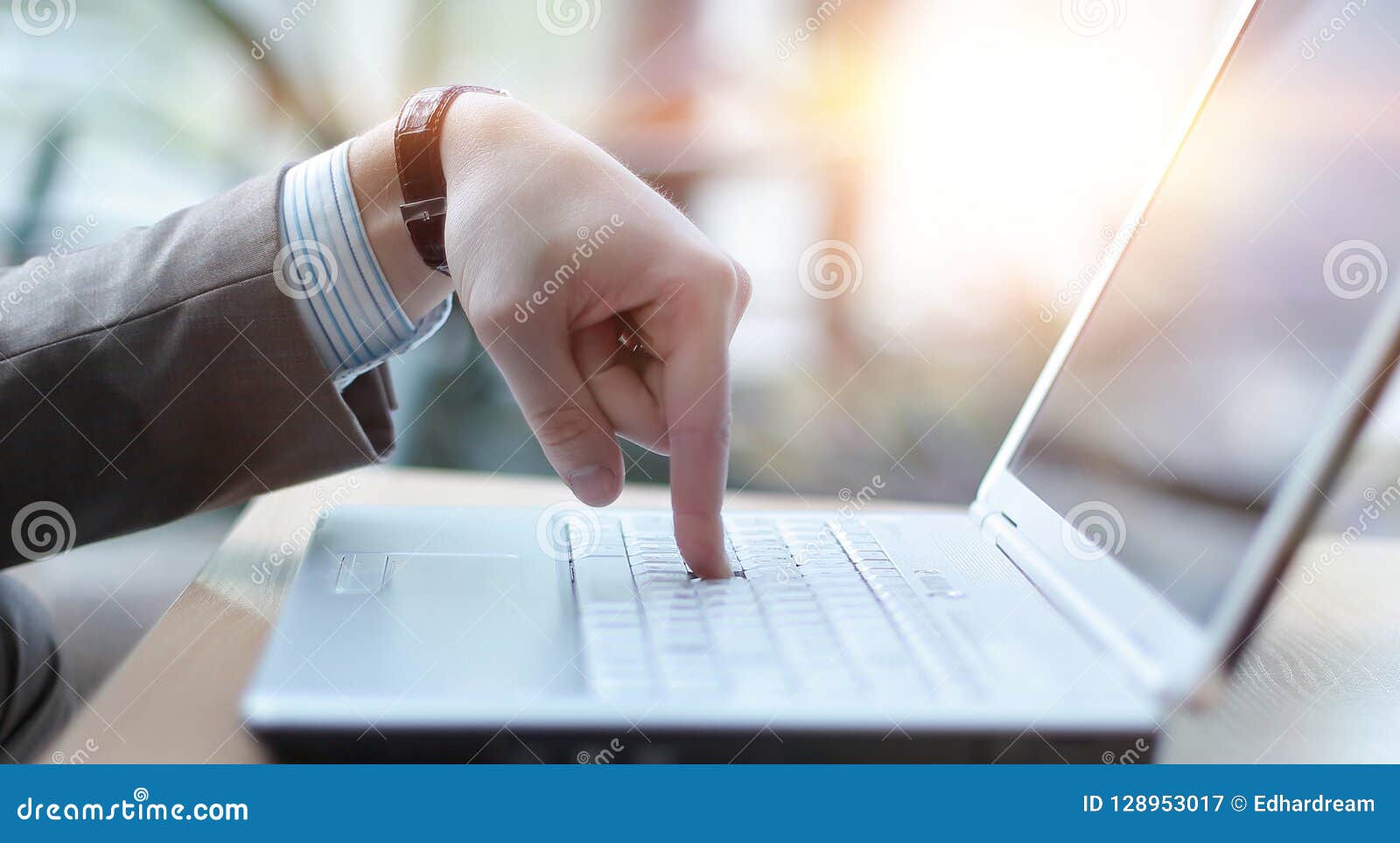 Touch of a Finger To the Laptop Computer Keyboard, Side View Stock ...