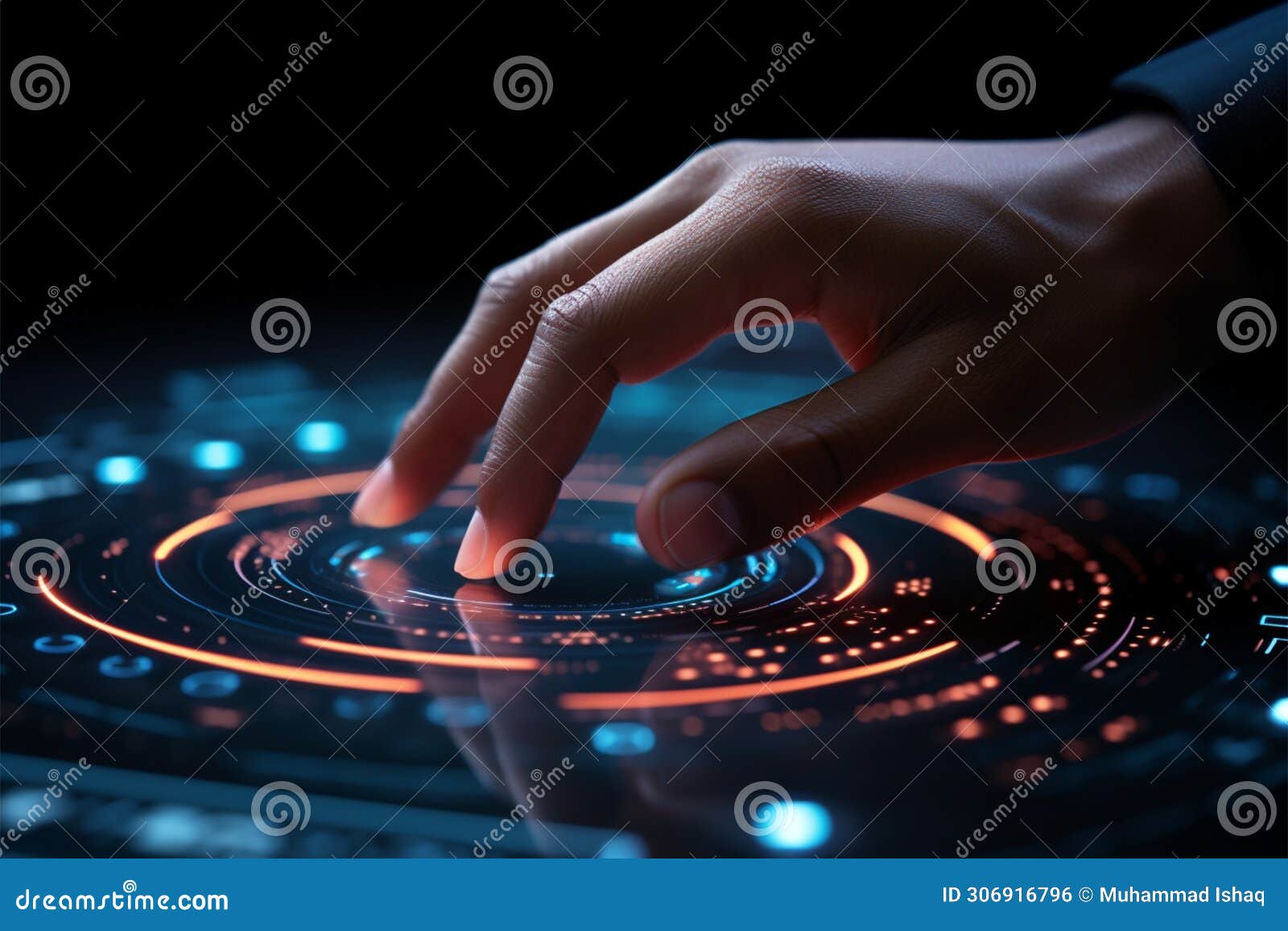 Touch of Innovation Finger Activates Glowing Button on Virtual Screen ...