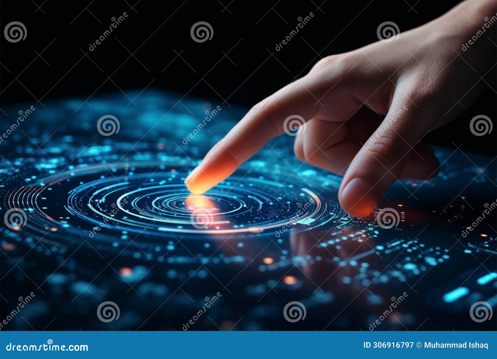 Touch Of Innovation Finger Activates Glowing Button On Virtual Screen ...