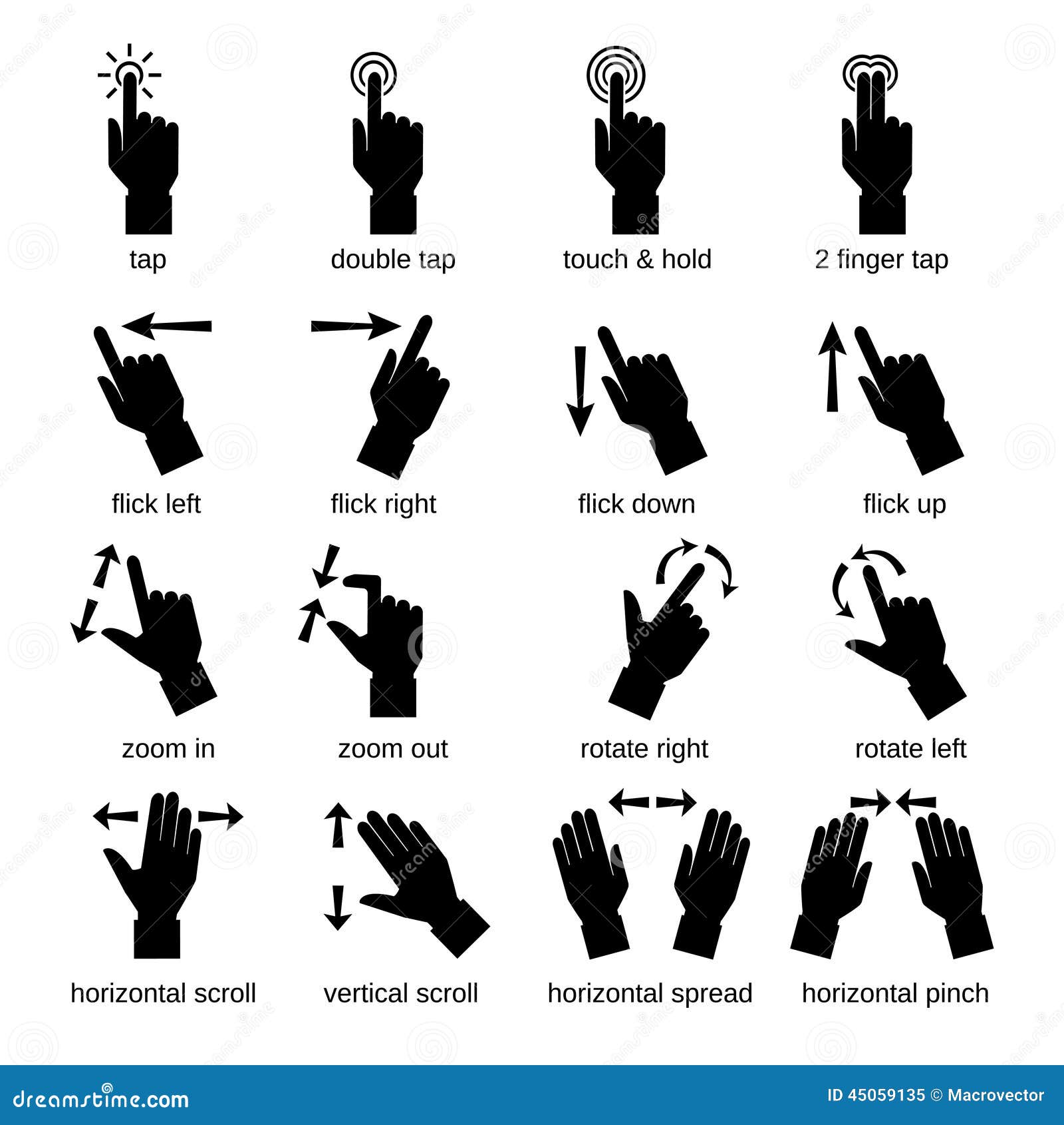 Touch Interface Gestures Black Stock Vector - Illustration of spread, elements: 45059135