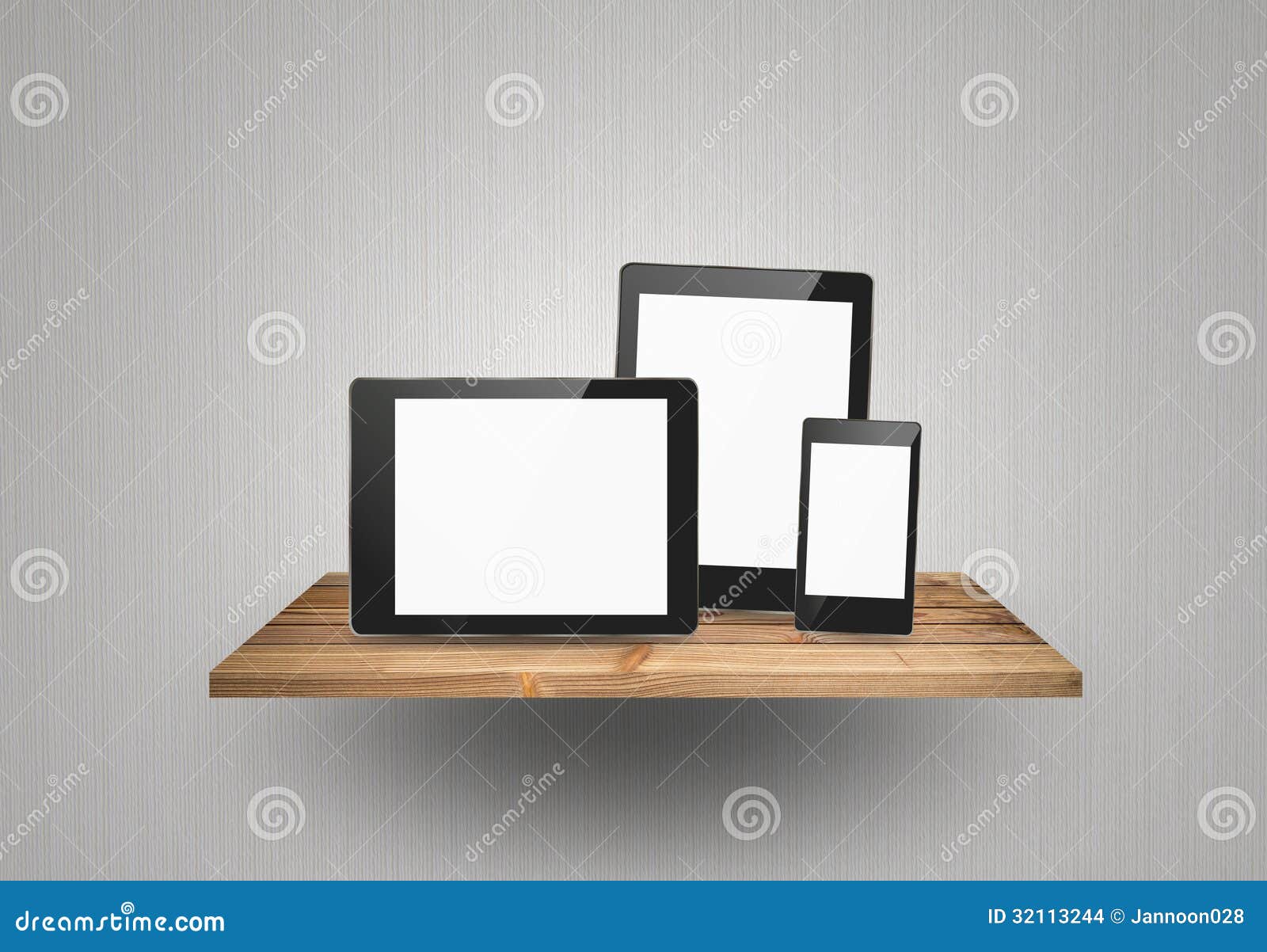 Touch Screen Device on Wood Shelf Stock Photo - Image of gadget ...