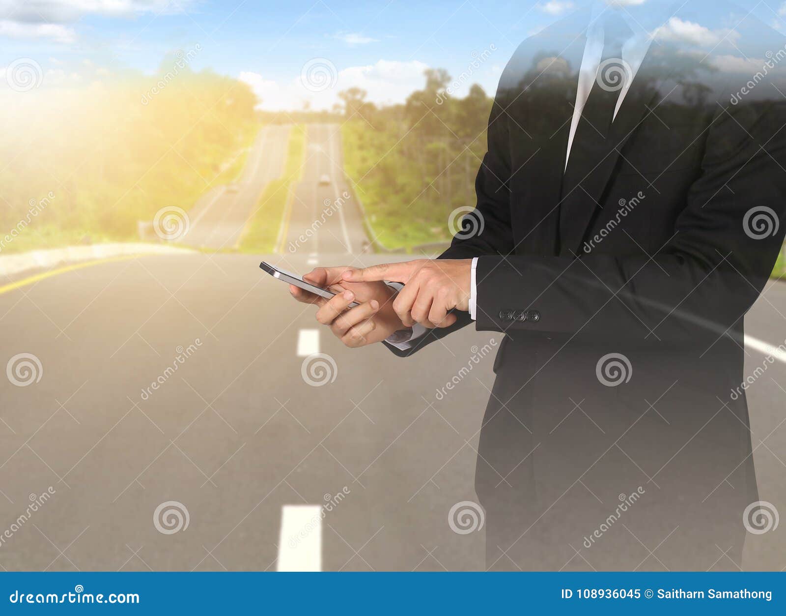 Touch Screen in Hand the Businessman on the Road Flow. Stock Image ...