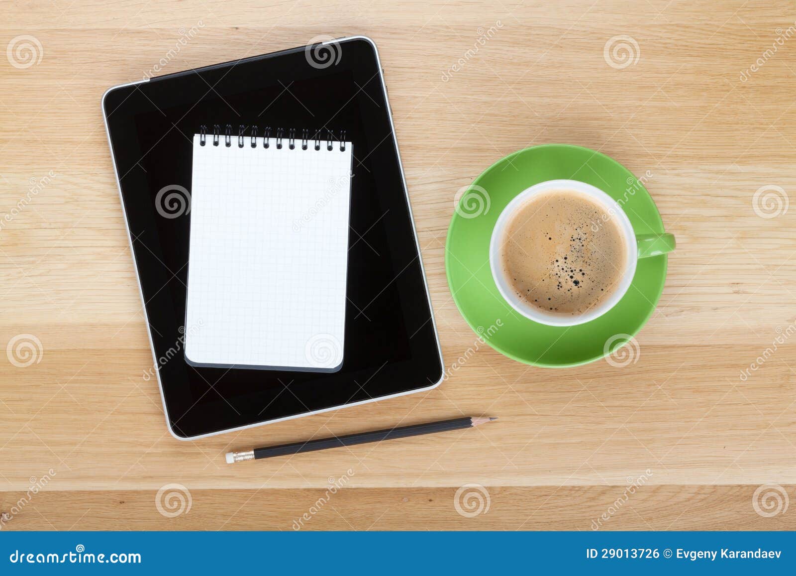 Touch Screen Tablet Computer, Notepad, Pencil and Cup of Coffee Stock ...