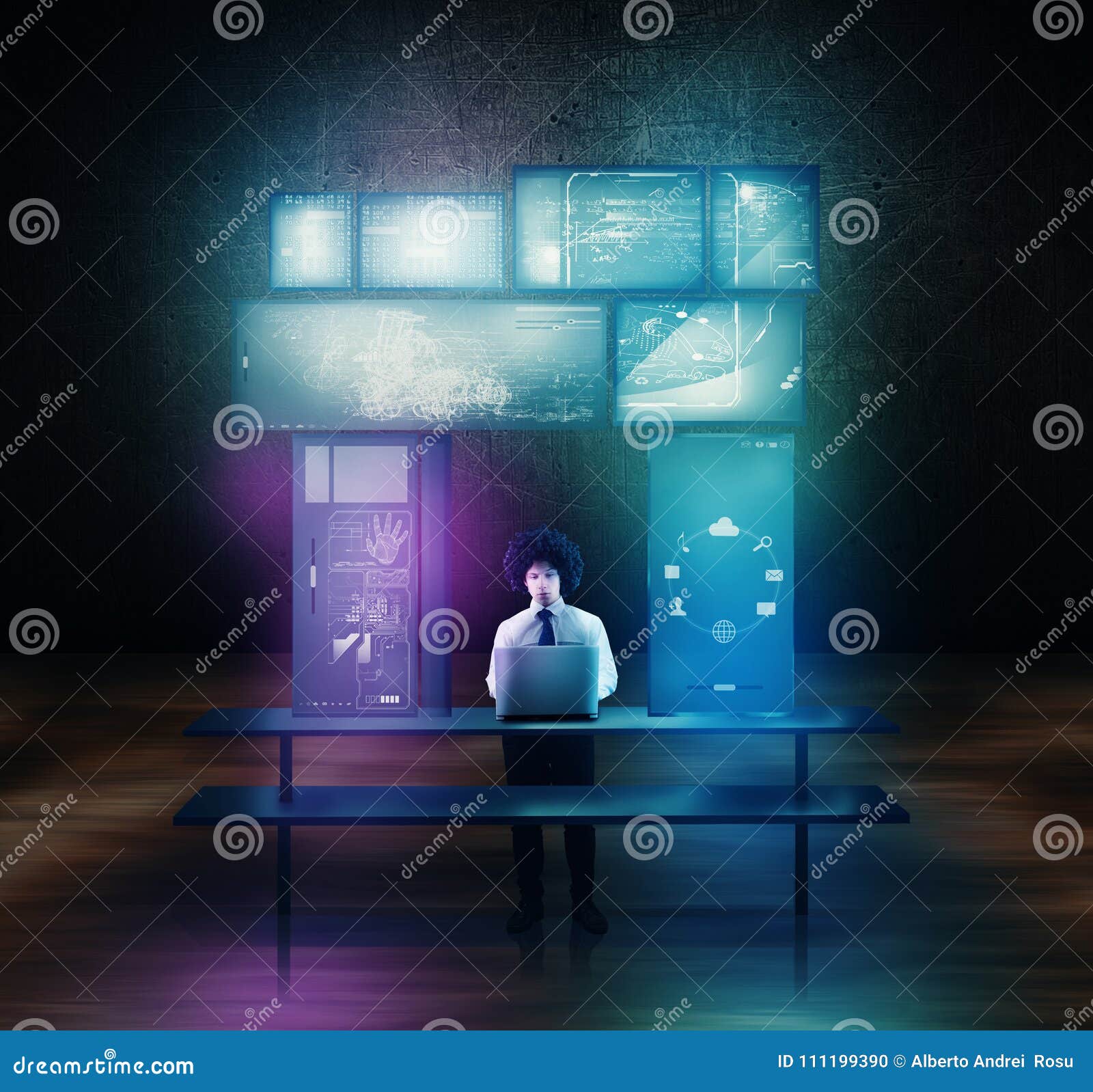 Touch screens at his desk. stock photo. Image of root - 111199390