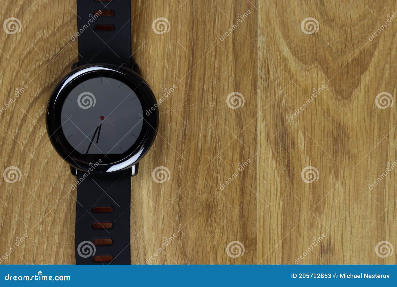 Touch Smartwatch with Round Display on Wooden Surface Stock Image ...