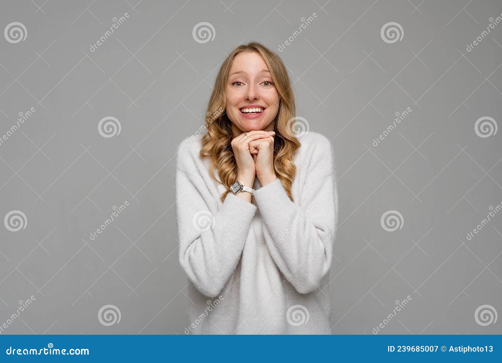 Touched Enthusiastic Cute Blonde Woman Gasping Surprised And Flattered