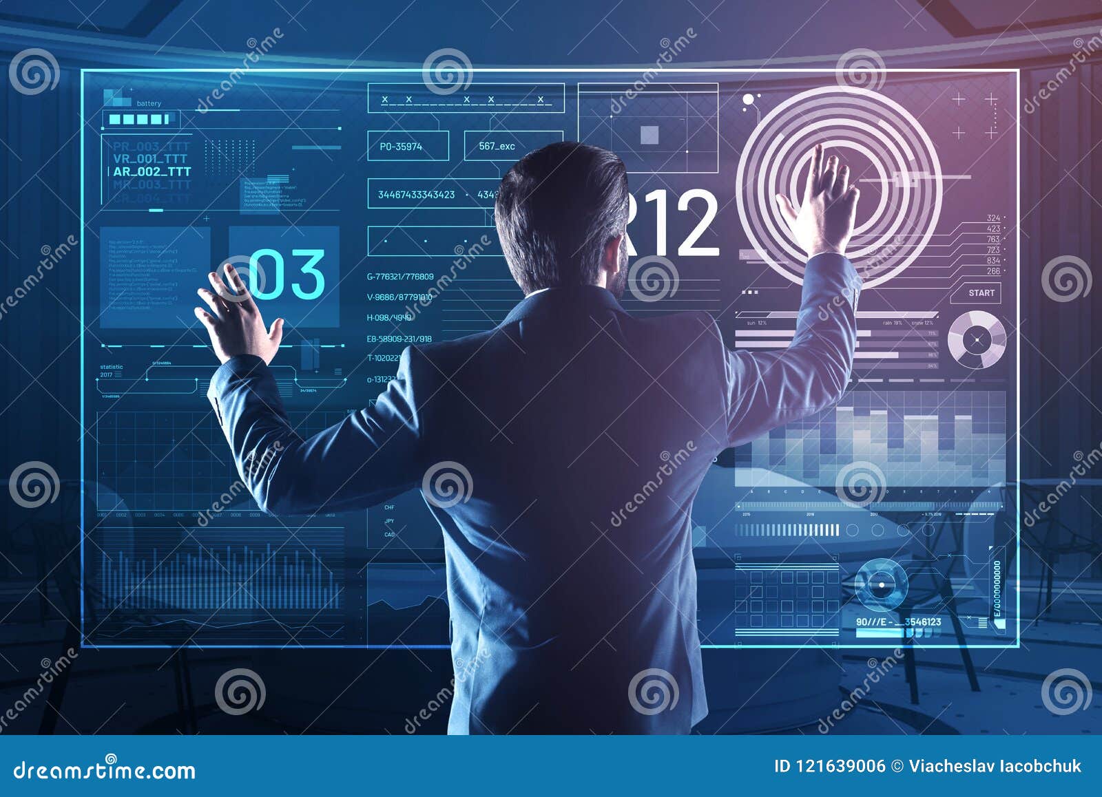 Professional Database Administrator Touching the Icons on the Screen ...