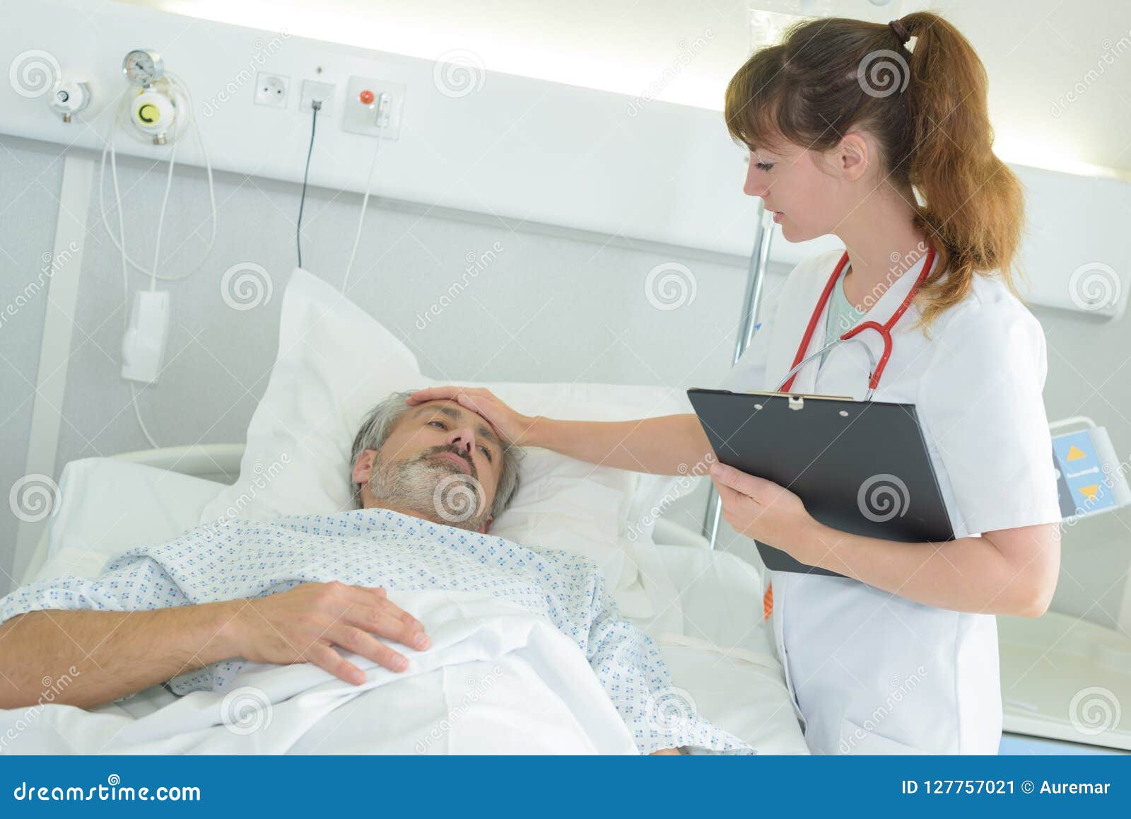 Touching the Patient`s Forehead Stock Image - Image of care, fever ...