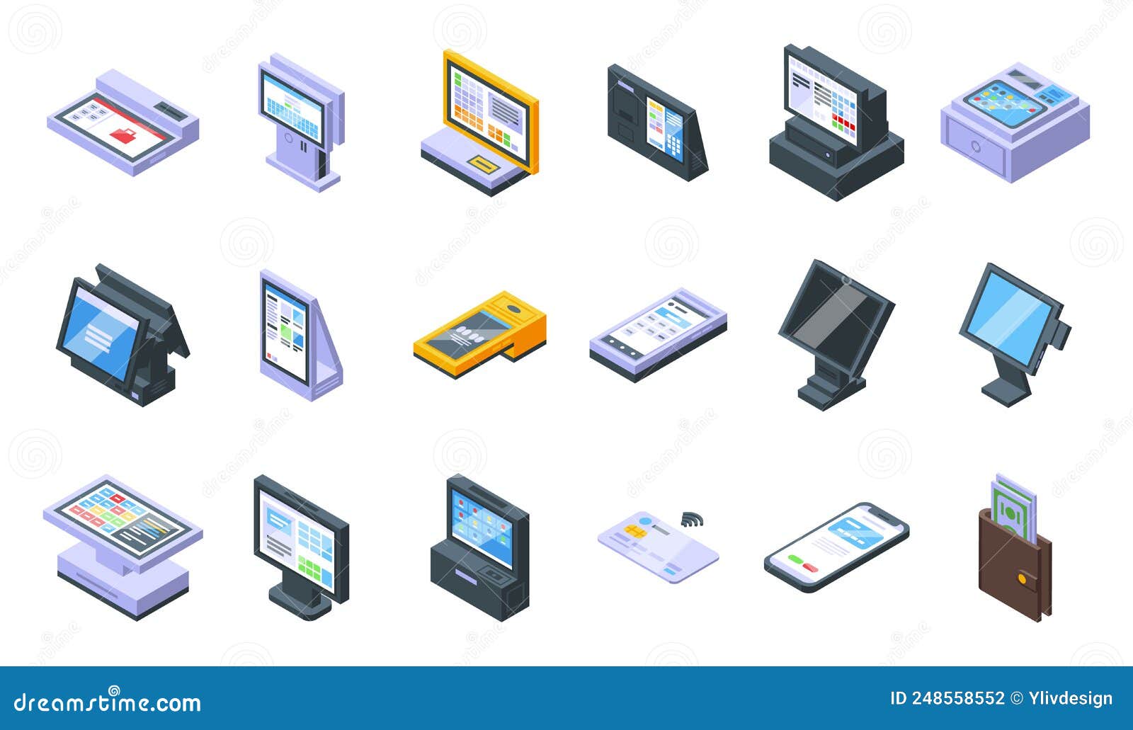 Touchscreen Cash Register Icons Set Isometric Vector. Self Checkout ...