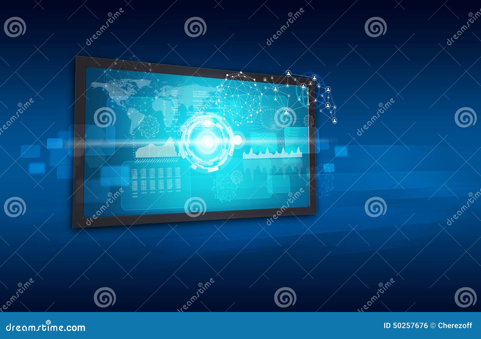 Touchscreen Display with World Map, Graphs and Stock Illustration ...