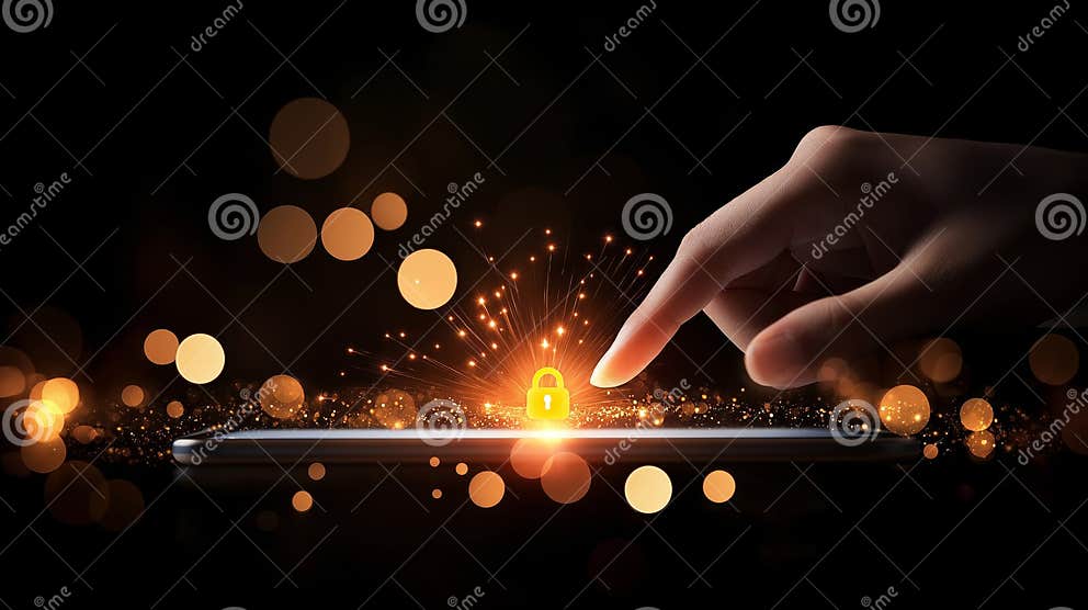 Touchscreen Security Concept with Glowing Lock and Finger Touching ...