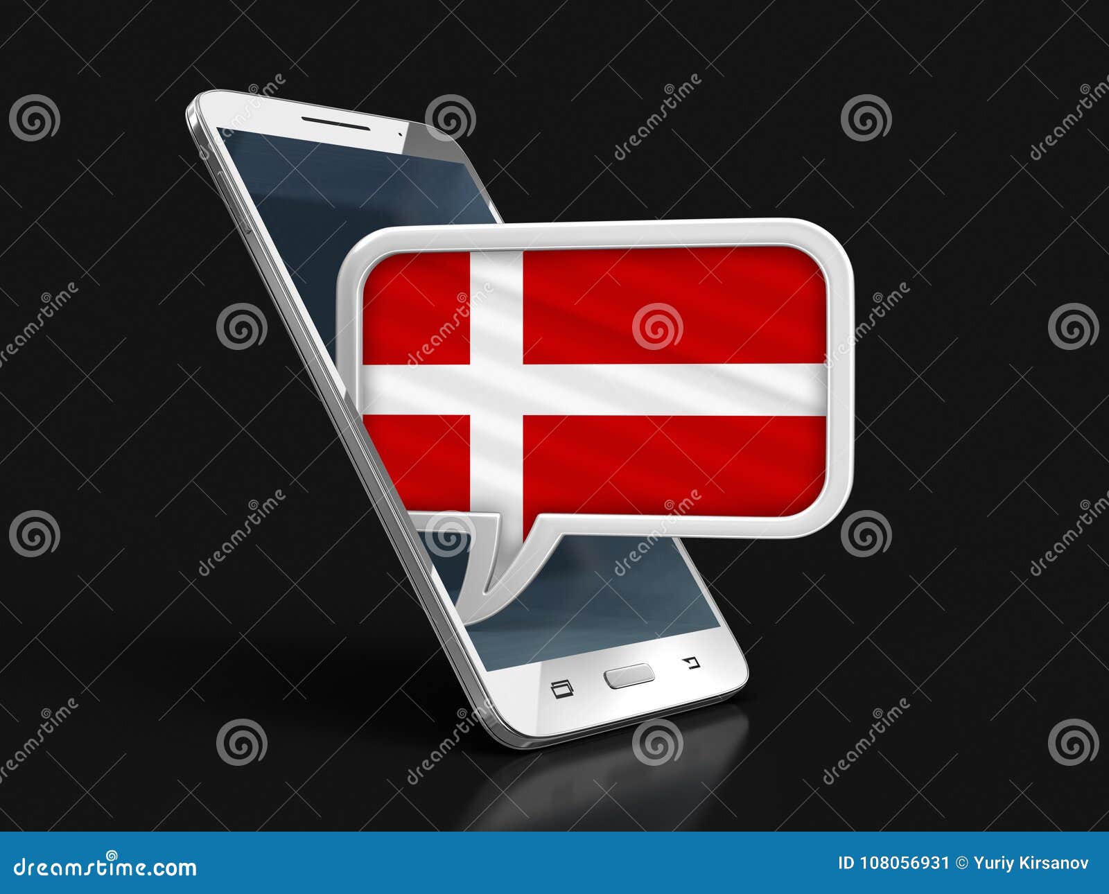 Touchscreen Smartphone and Speech Bubble with Danish Flag Stock ...