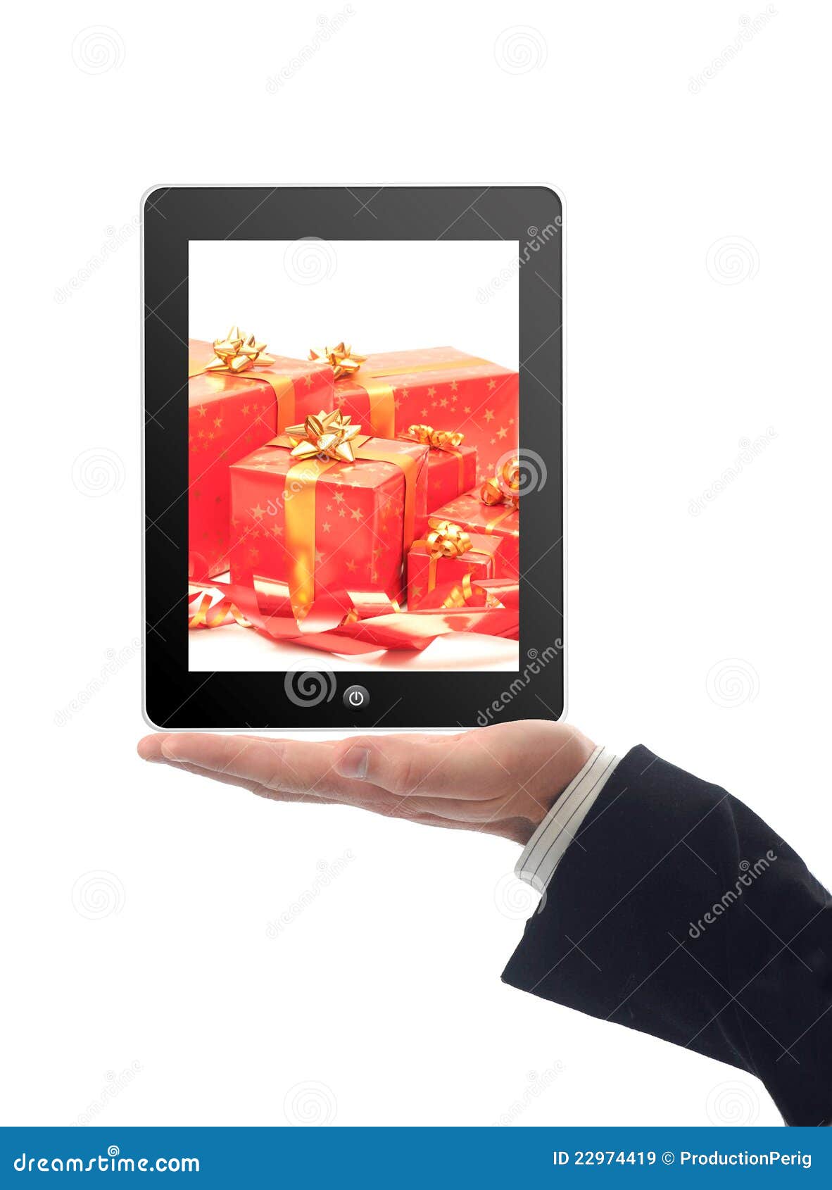 Touchscreen Tablet with Gift Inside Stock Image - Image of hand ...