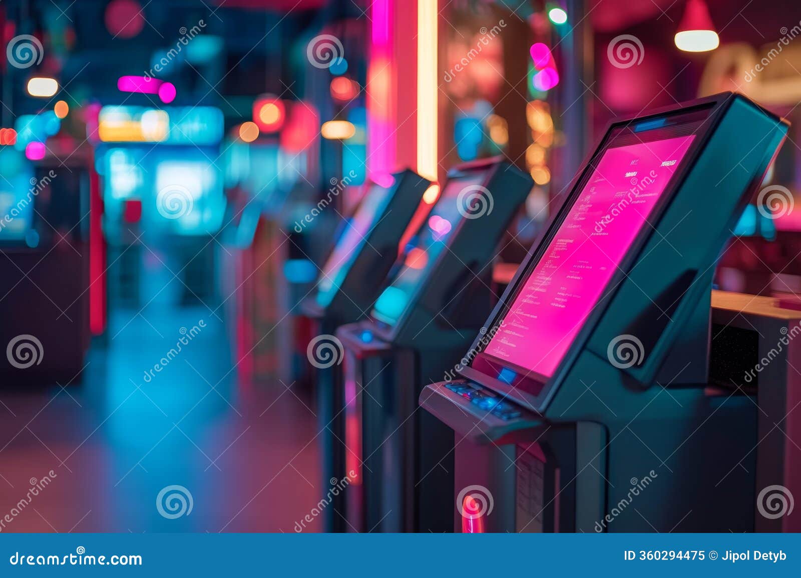 Touchscreen Terminals in a Brightly Lit, Environment with Neon Lighting ...