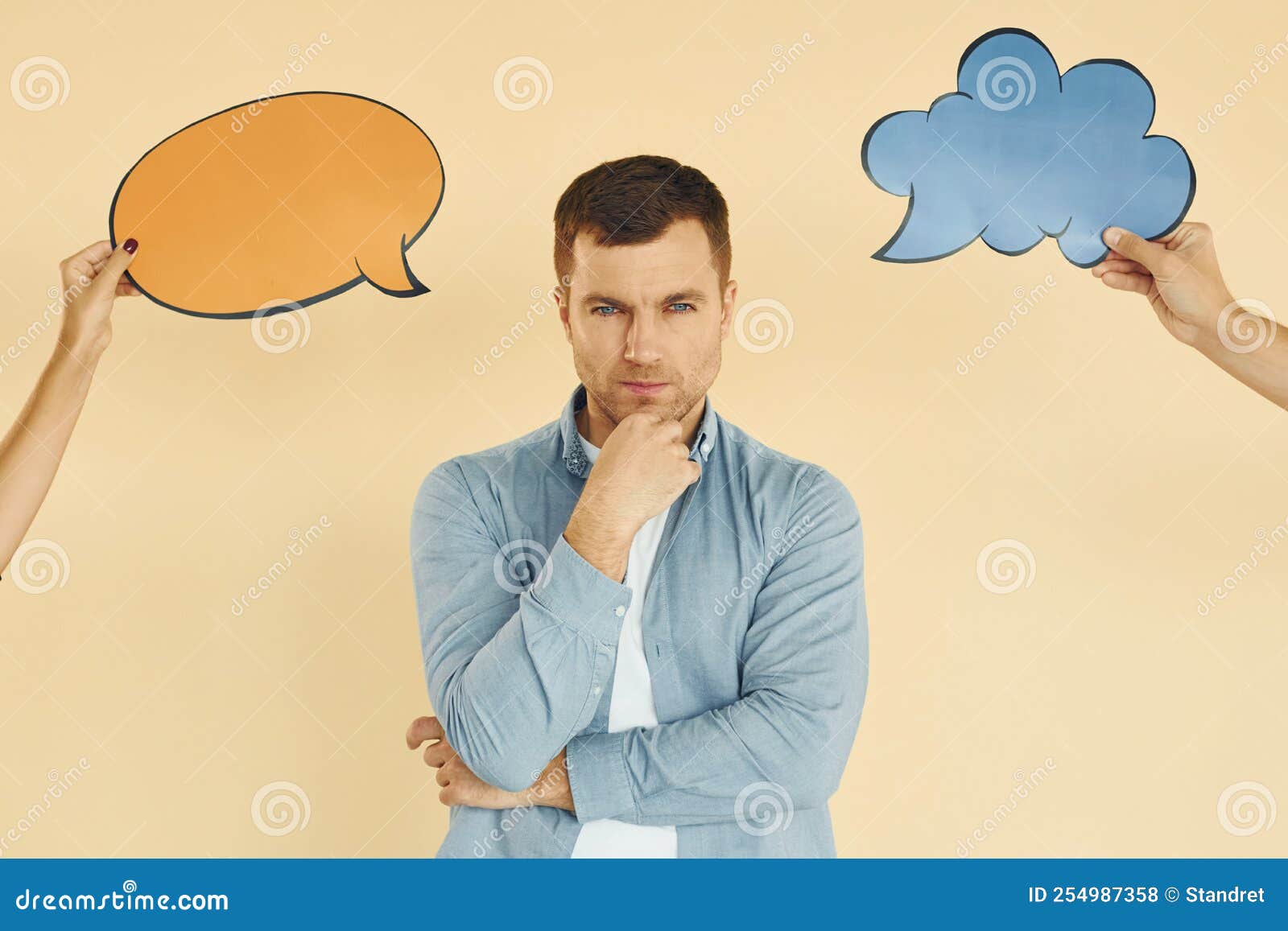 Tough Choice between Two Ideas. Man Standing in the Studio with Empty ...