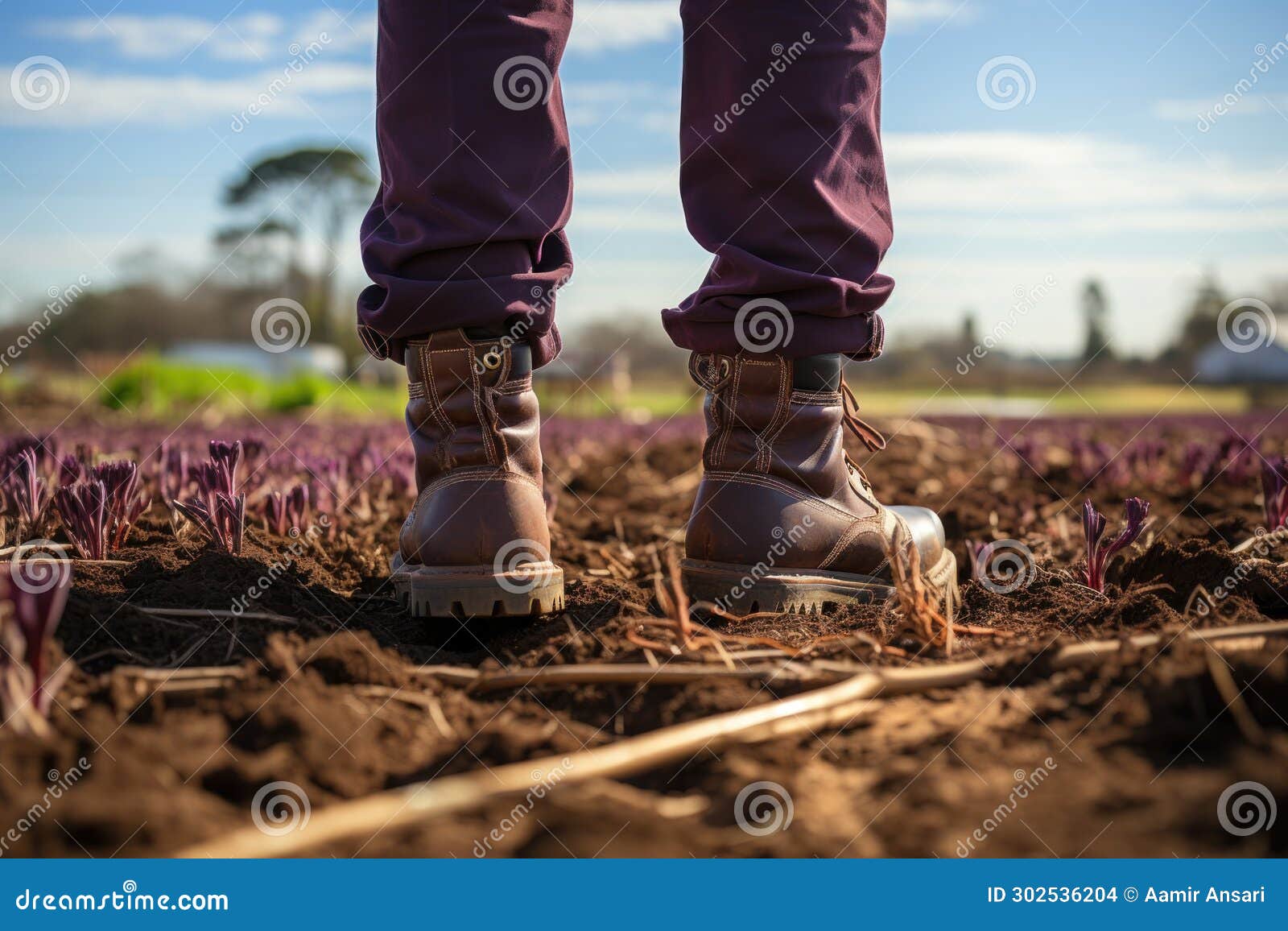 A Tough Guy in Work Boots Poses in the Middle of a Vast Field ...