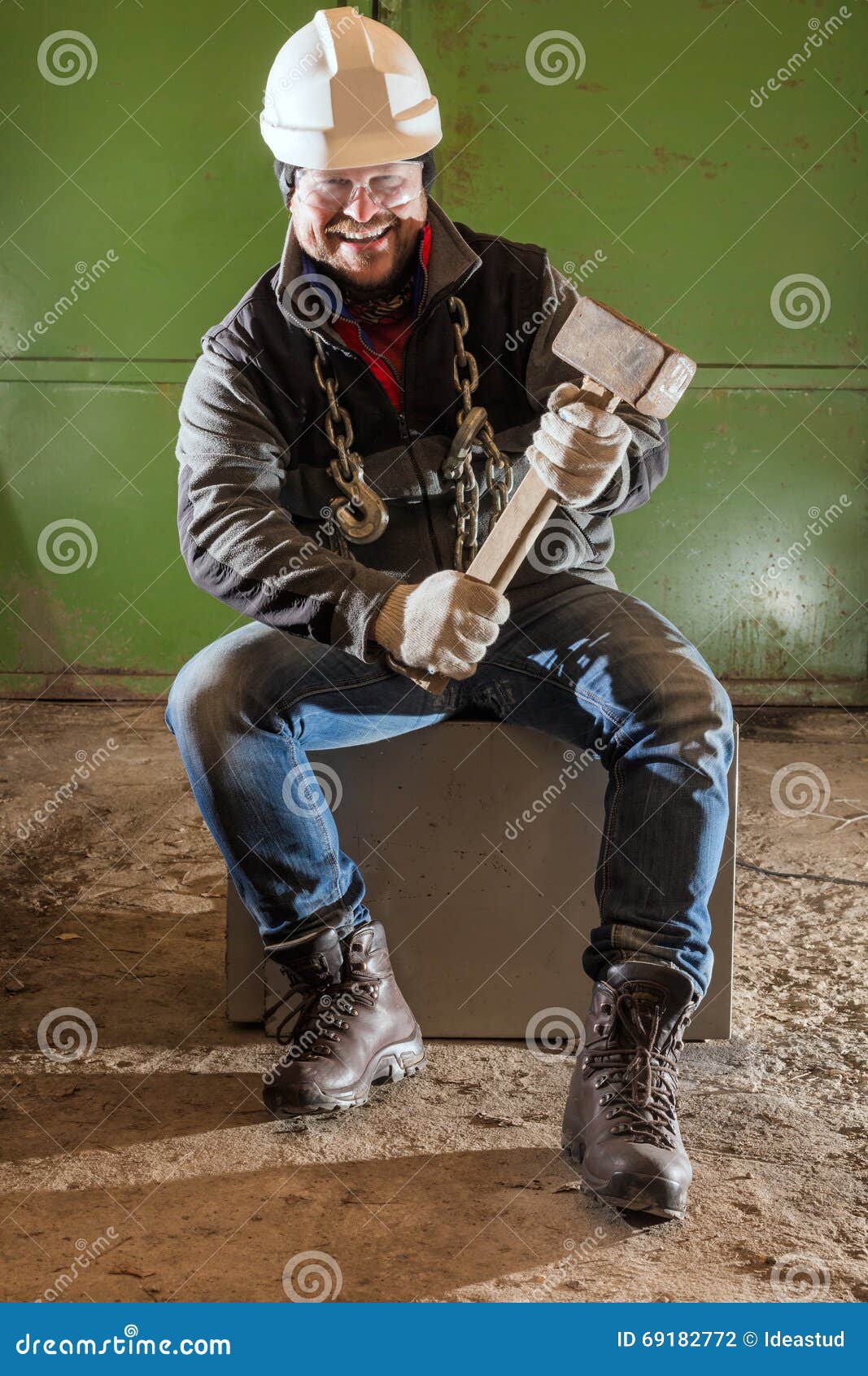 Tough Worker with Iron Chain and Sledgehammer Stock Photo - Image of ...