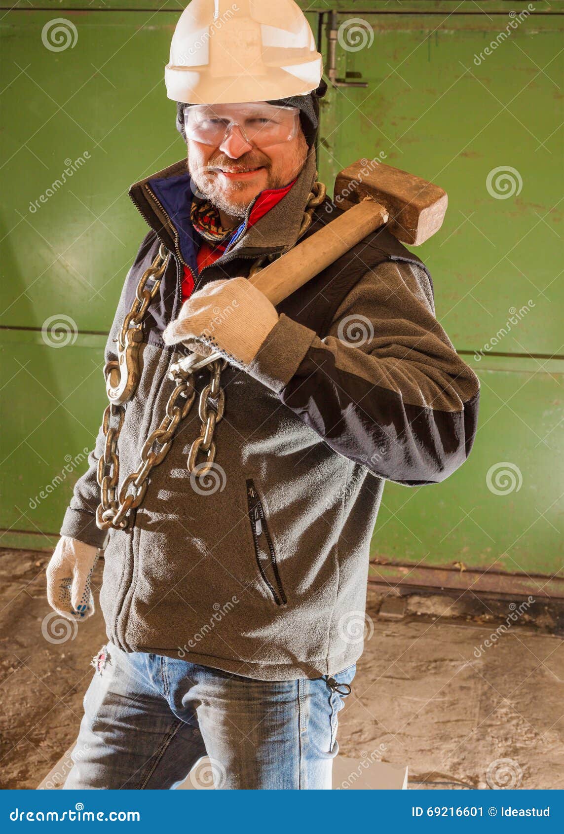 Tough Worker with Iron Chain and Sledgehammer Stock Image - Image of ...