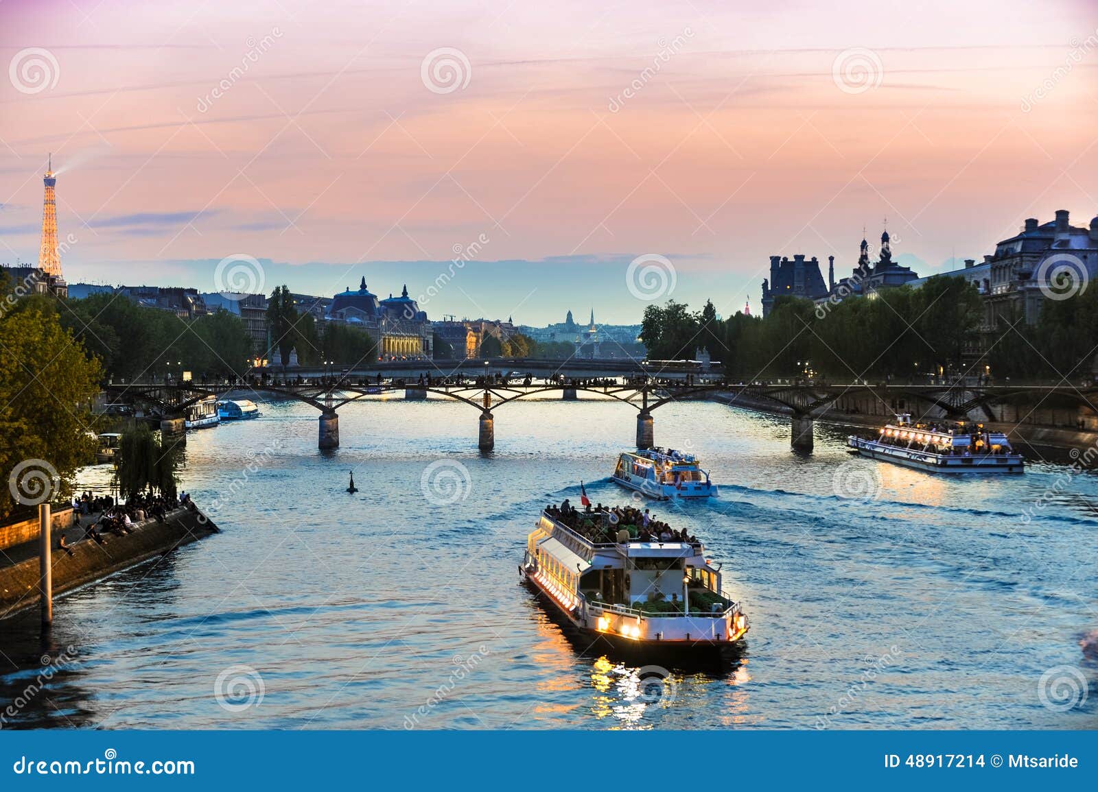 Tour Boats on Seine at Sunset Stock Photo - Image of paris, outdoors ...