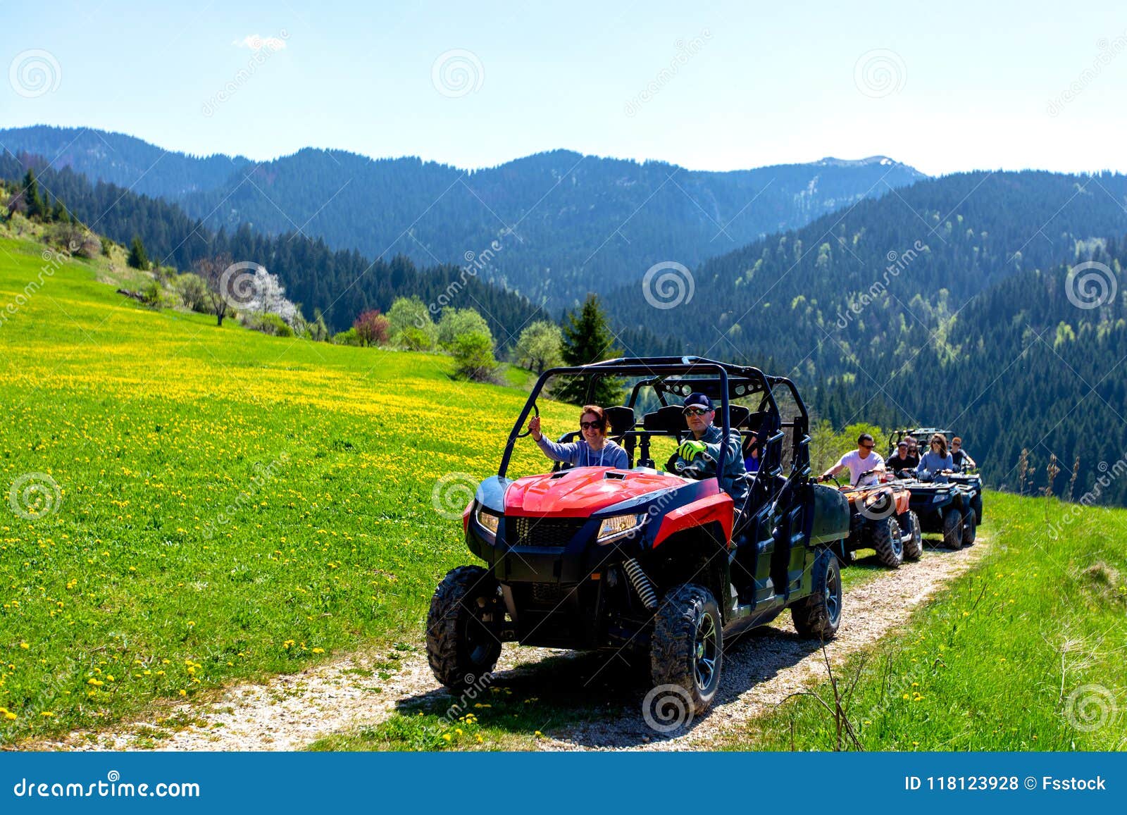 A Tour Group Travels on ATVs and UTVs on the Mountains Stock Photo ...