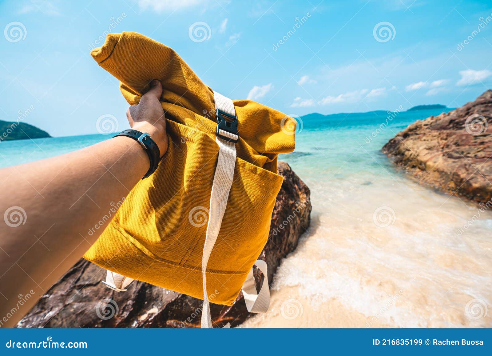 Yellow Backpack on the Beach on Vacation Stock Image - Image of view ...