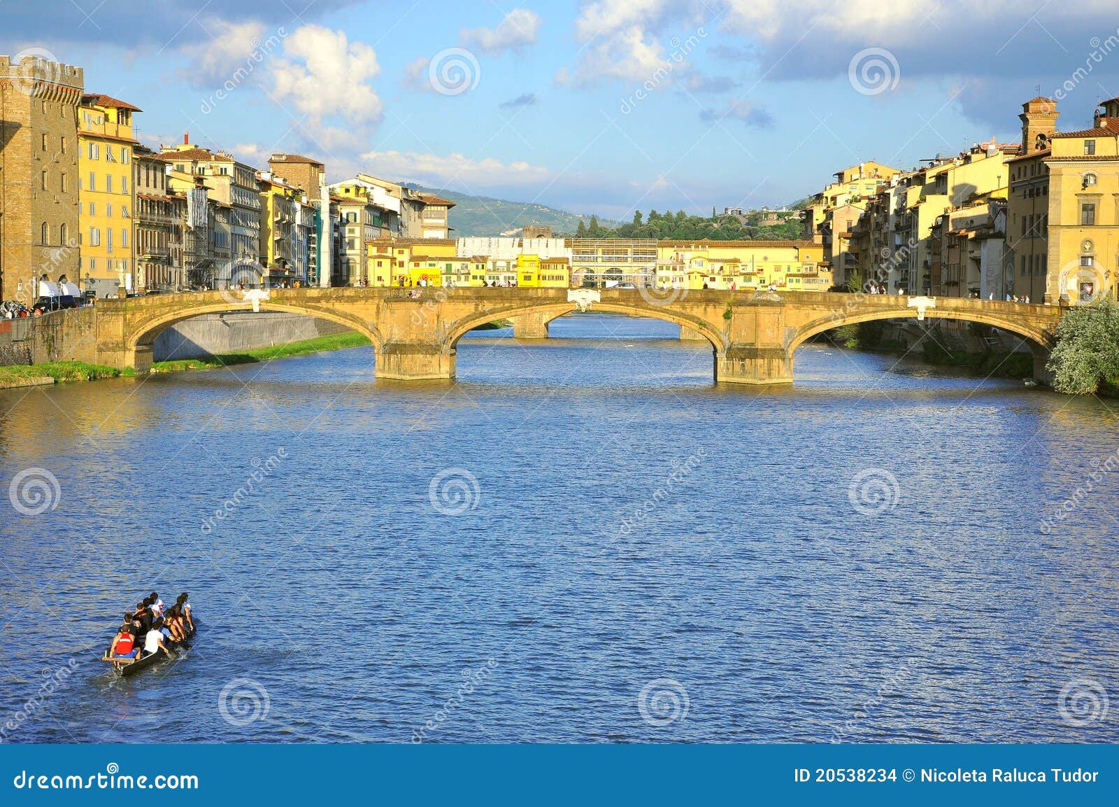 Tourists Visiting Florence City with Boat Over the River Arno , Italy ...