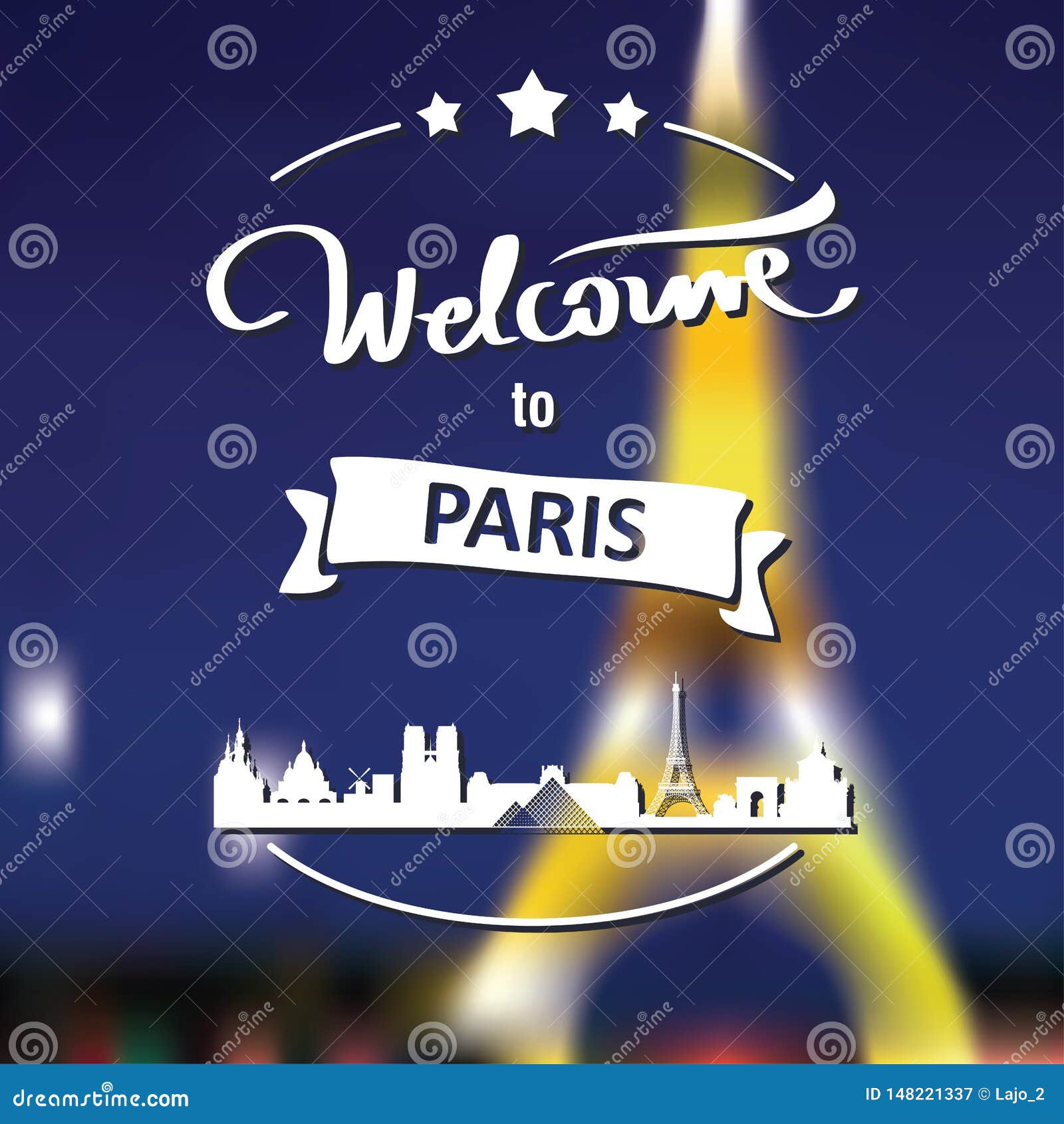 Tourism Label with Skyline, Text Welcome To Paris Stock Illustration ...