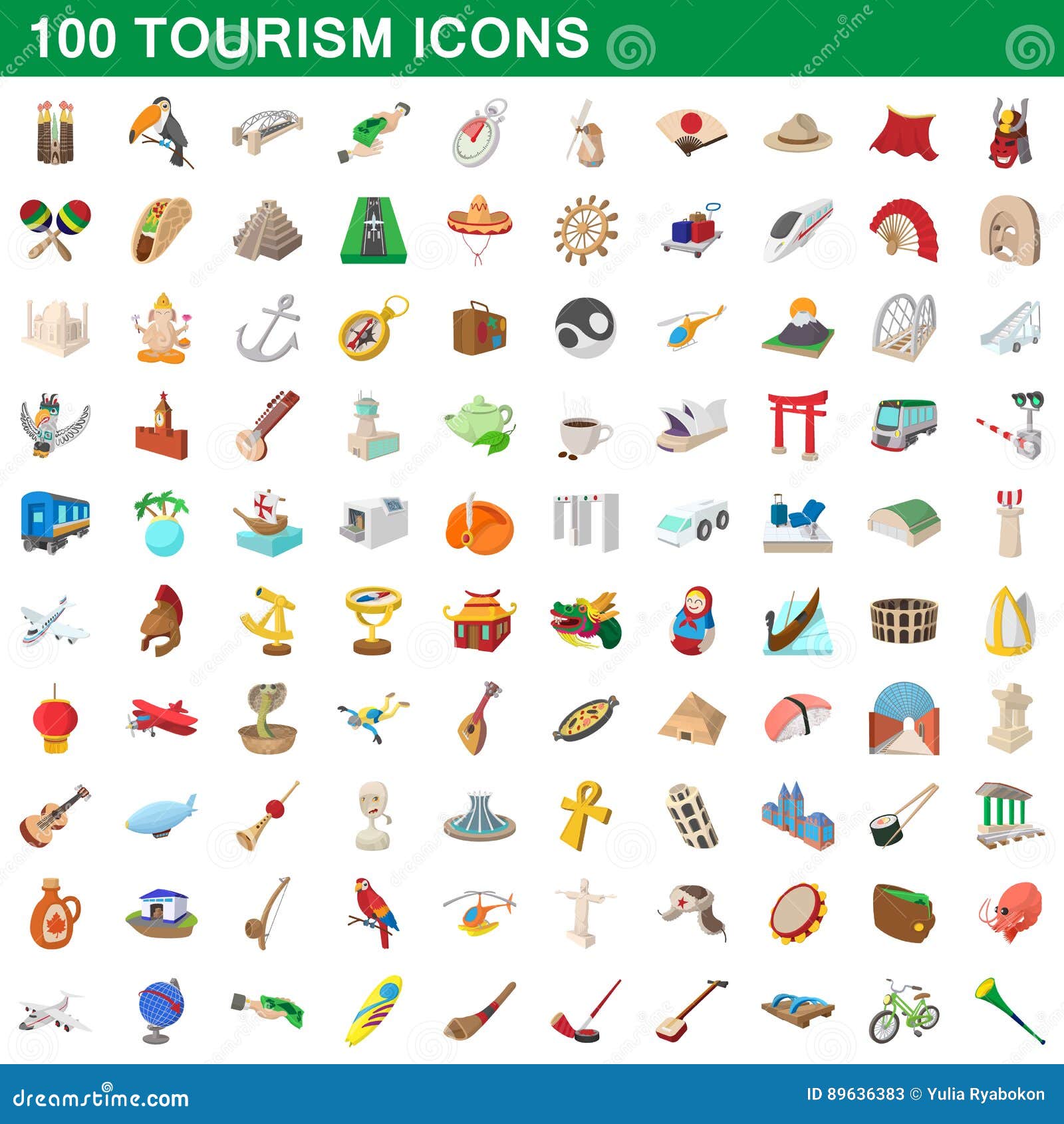 100 Tourism Set, Cartoon Style Stock Vector - Illustration of cartoon ...