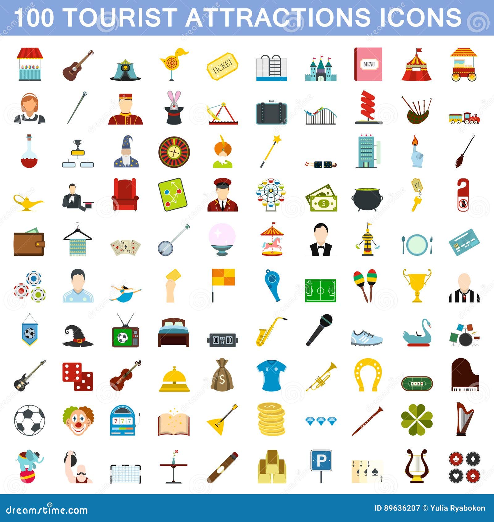 100 Tourist Attraction Icons Set, Flat Style Stock Vector ...