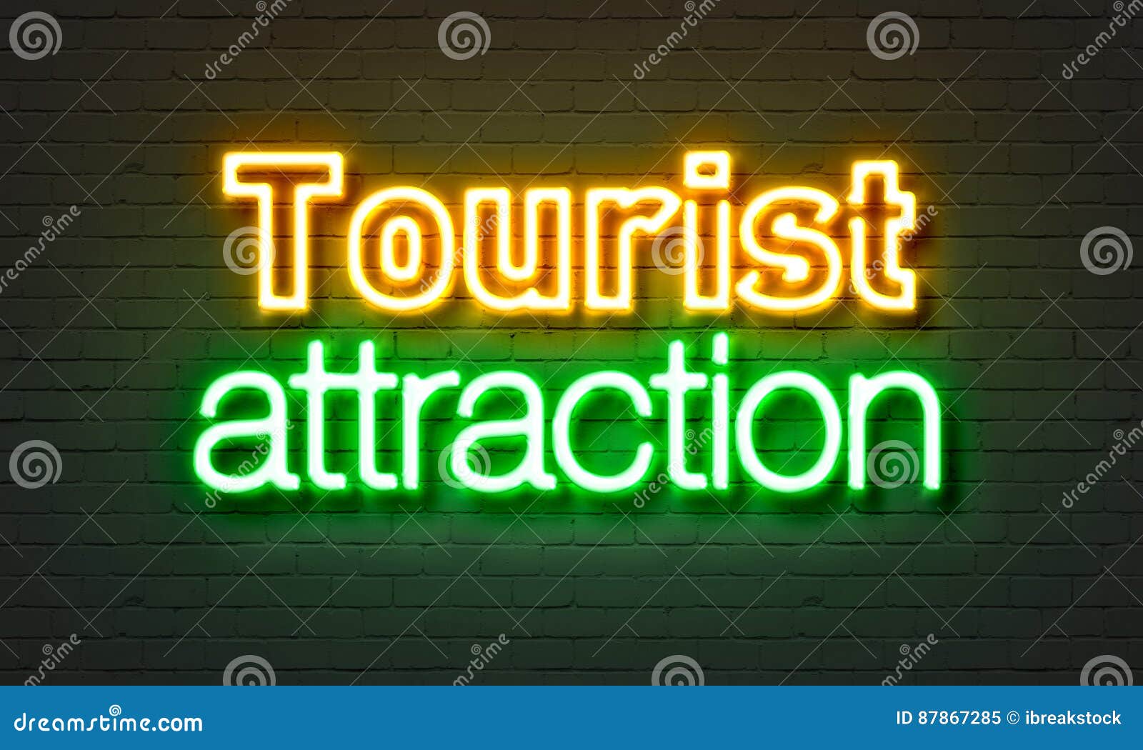 Tourist Attraction Neon Sign on Brick Wall Background. Stock ...