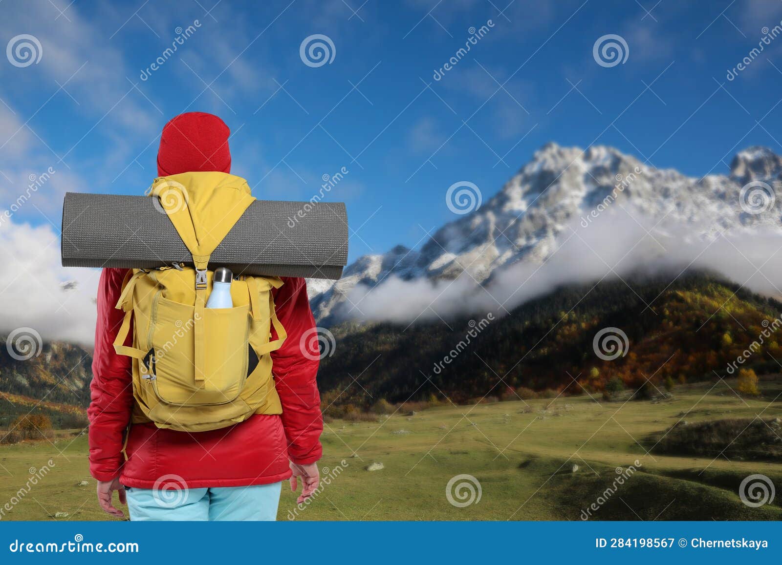 Tourist with Backpack in Mountains, Back View Stock Image - Image of ...