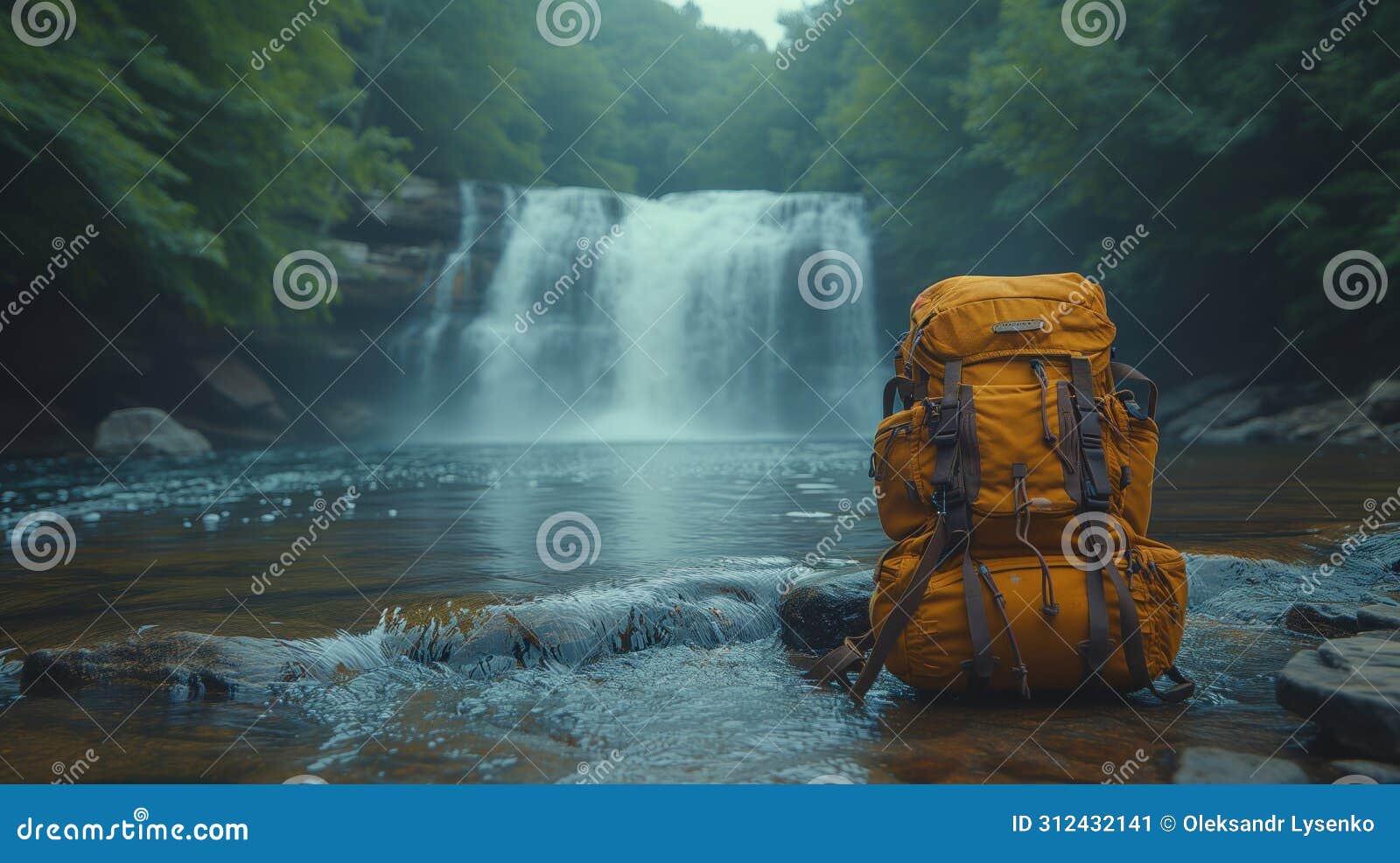 Tourist Backpack Near a Waterfall in the Forest Stock Illustration ...