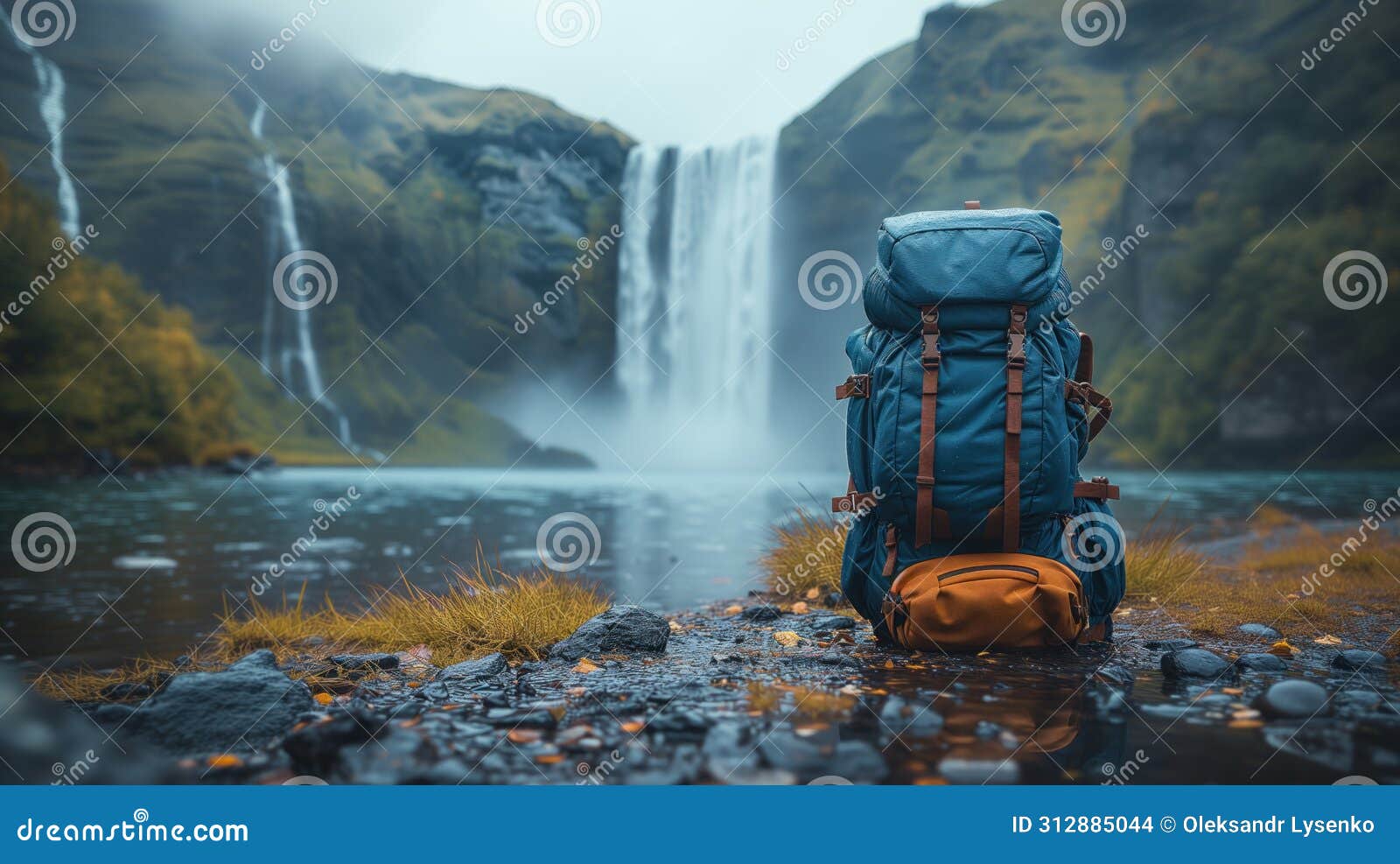 Tourist Backpack Near a Waterfall in the Forest Stock Illustration ...